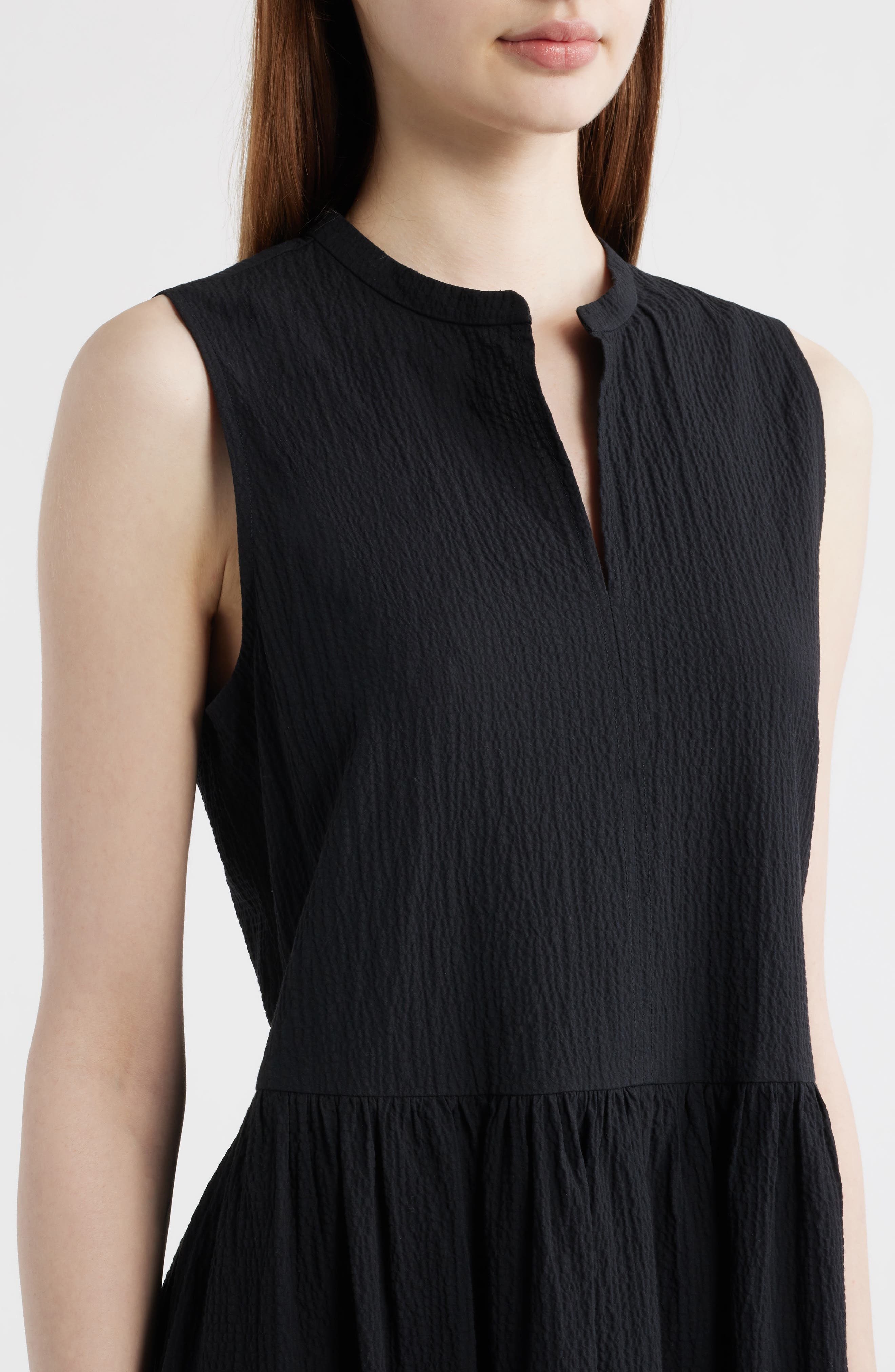 Eileen Fisher Split Neck Textured Stretch Cotton Dress | Nordstrom