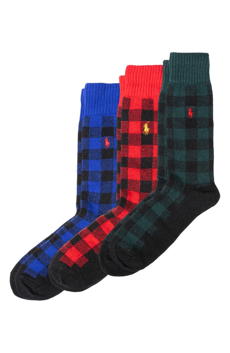 Polo Ralph Lauren Buffalo Check Assorted 3-Pack Wool Blend Crew Socks ...