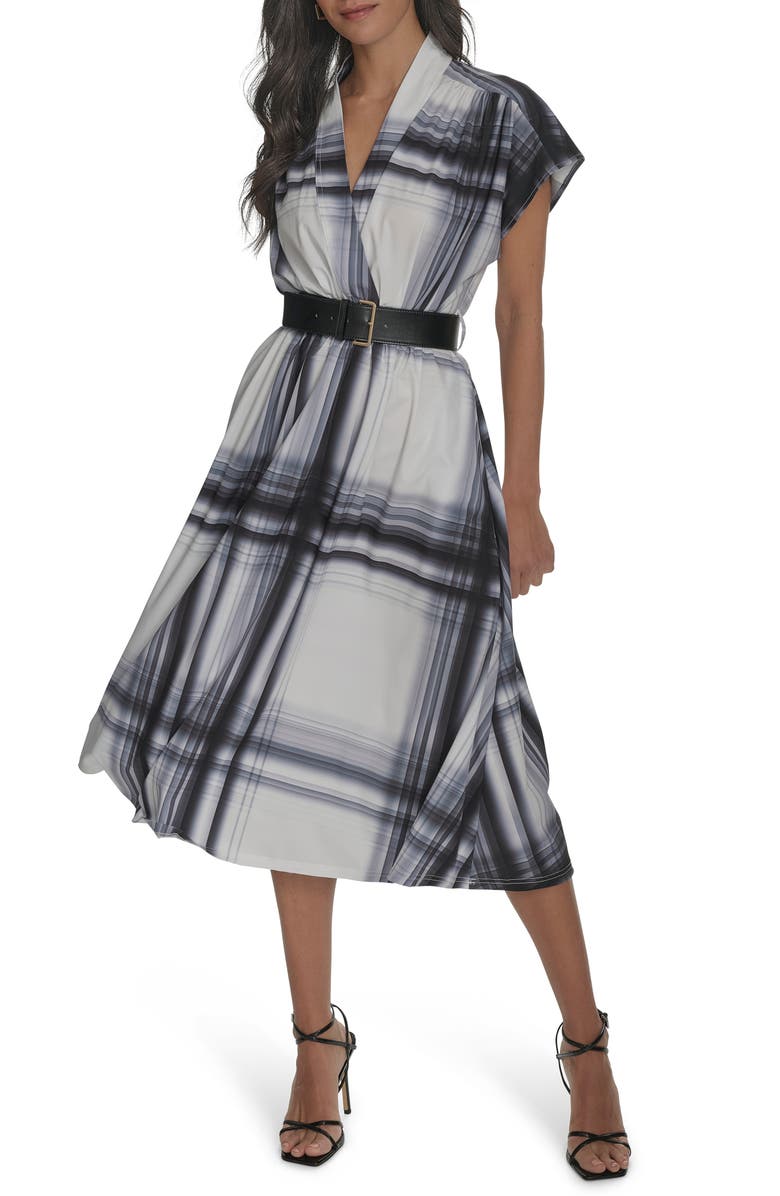 Calvin Klein Windowpane Short Sleeve Fit & Flare Midi Dress | Nordstromrack