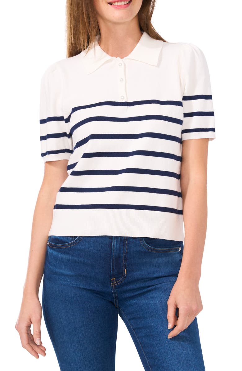 CeCe Imitation Pearl Button Puff Sleeve Polo | Nordstromrack