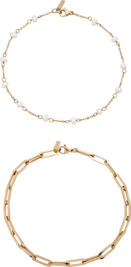 st. Moran Set of 2 Freshwater Pearl & Paper Clip Chain Anklets ...
