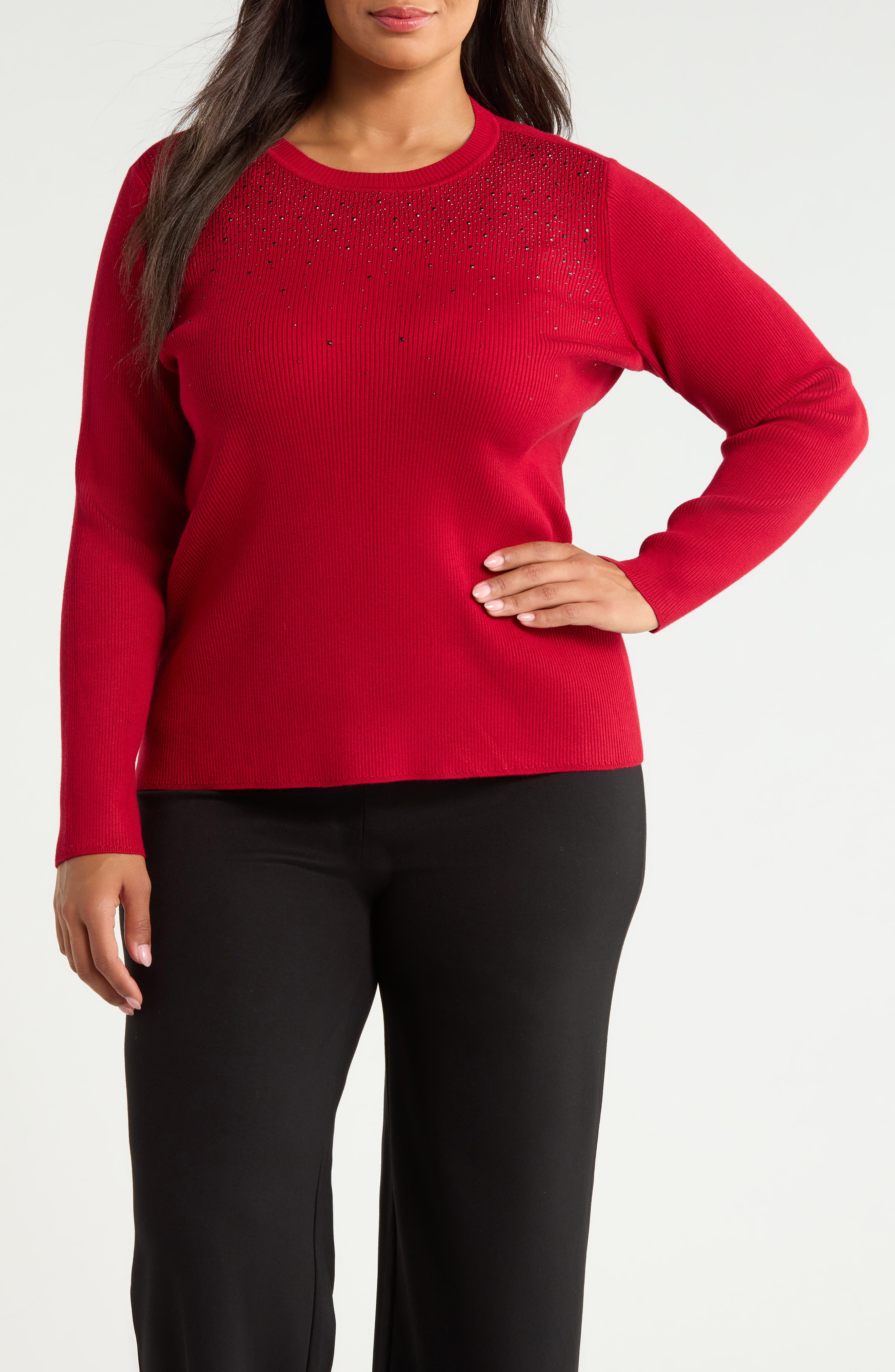 AK ANNE KLEIN Waterfall Crystal Ribbed Crewneck Sweater (Women) | Nordstrom