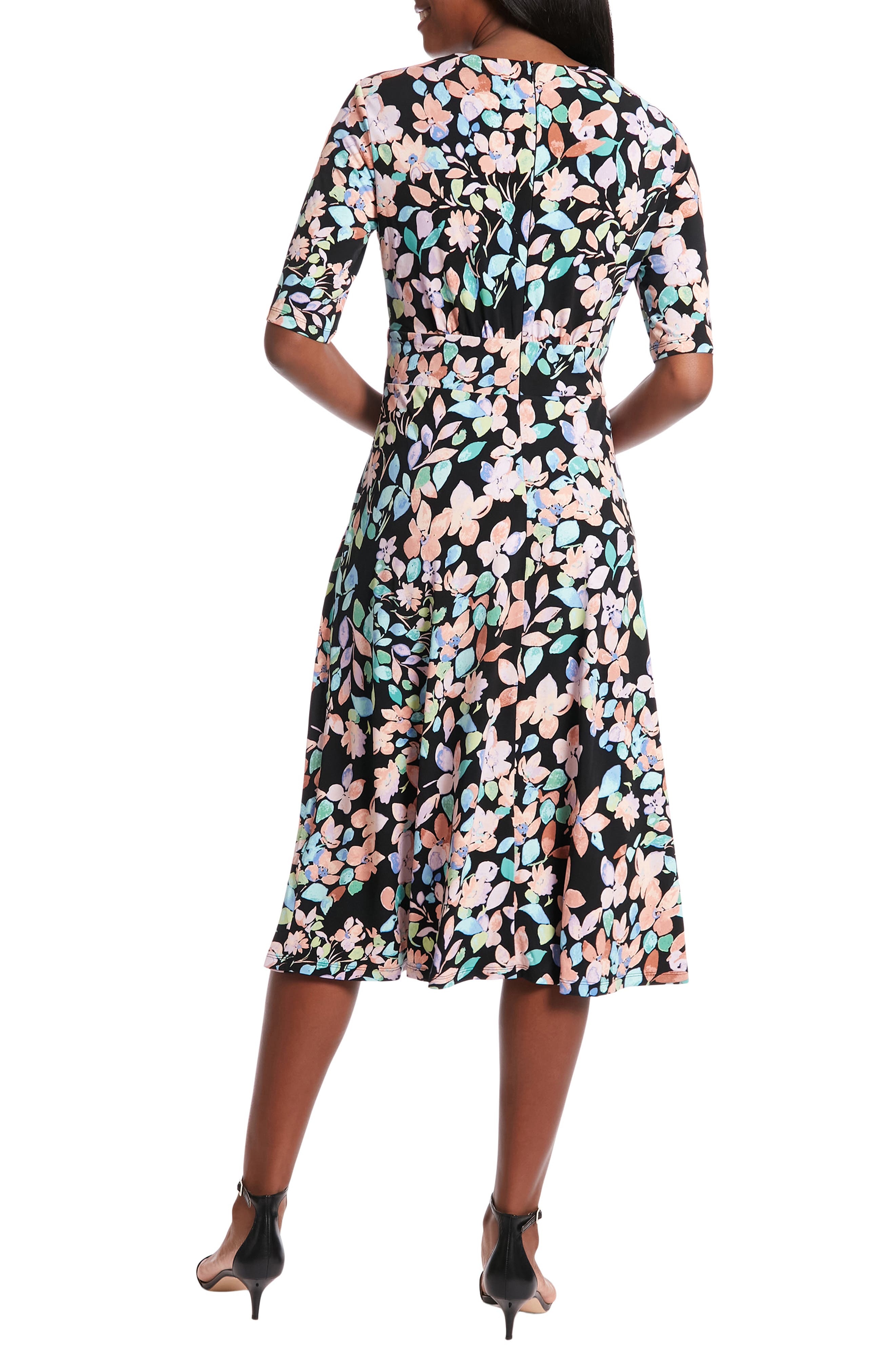 London Times Floral Inset Waist Fit & Flare Midi Dress | Nordstromrack