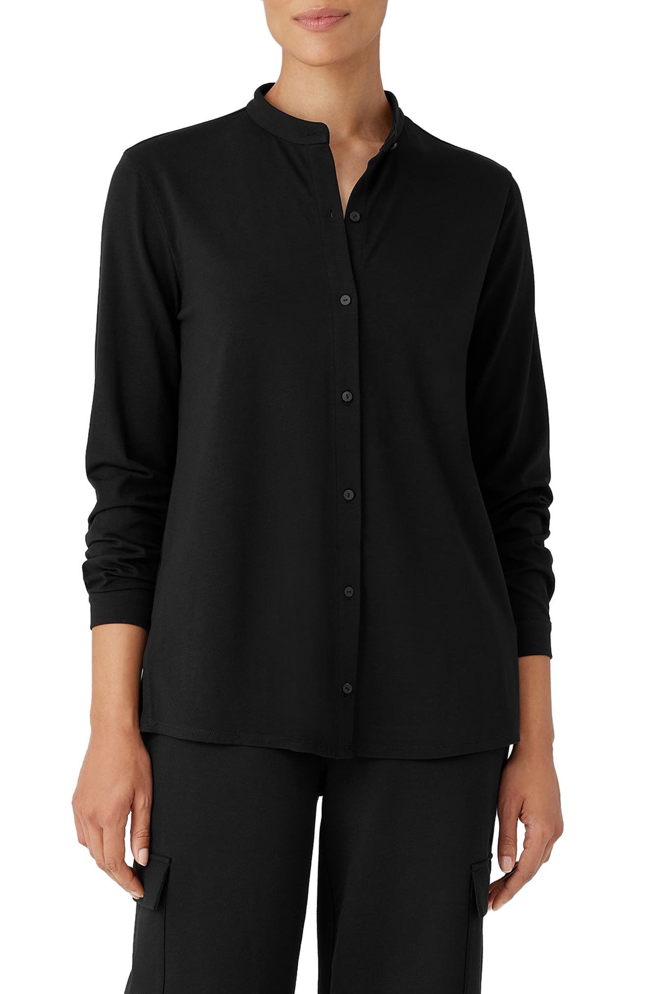 Eileen Fisher Band Collar Jersey Button-Up Shirt | Nordstromrack