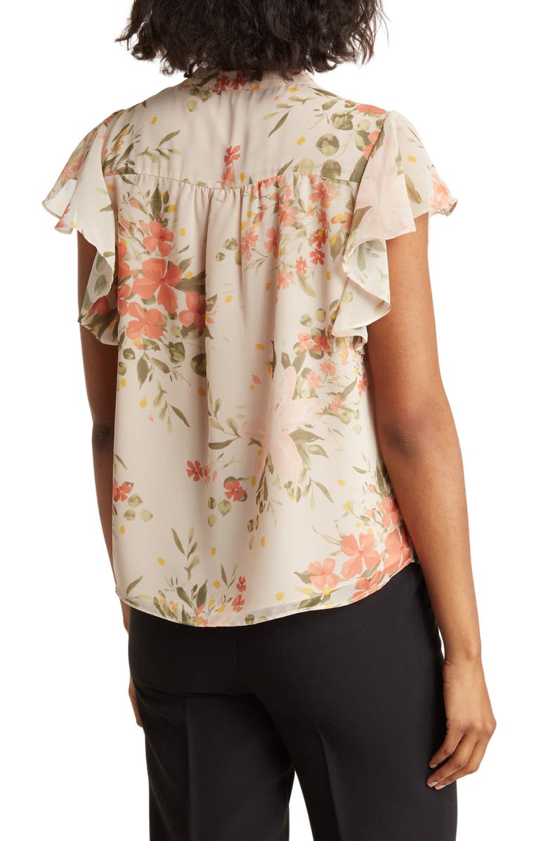 T Tahari Notched Neck Flutter Sleeve Floral Print Blouse | Nordstromrack