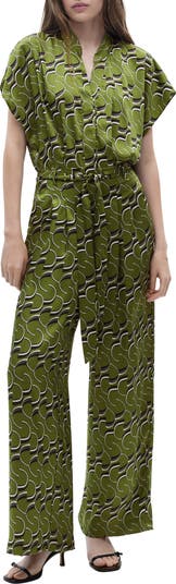 MANGO Geo Print Belted Satin Jumpsuit | Nordstrom