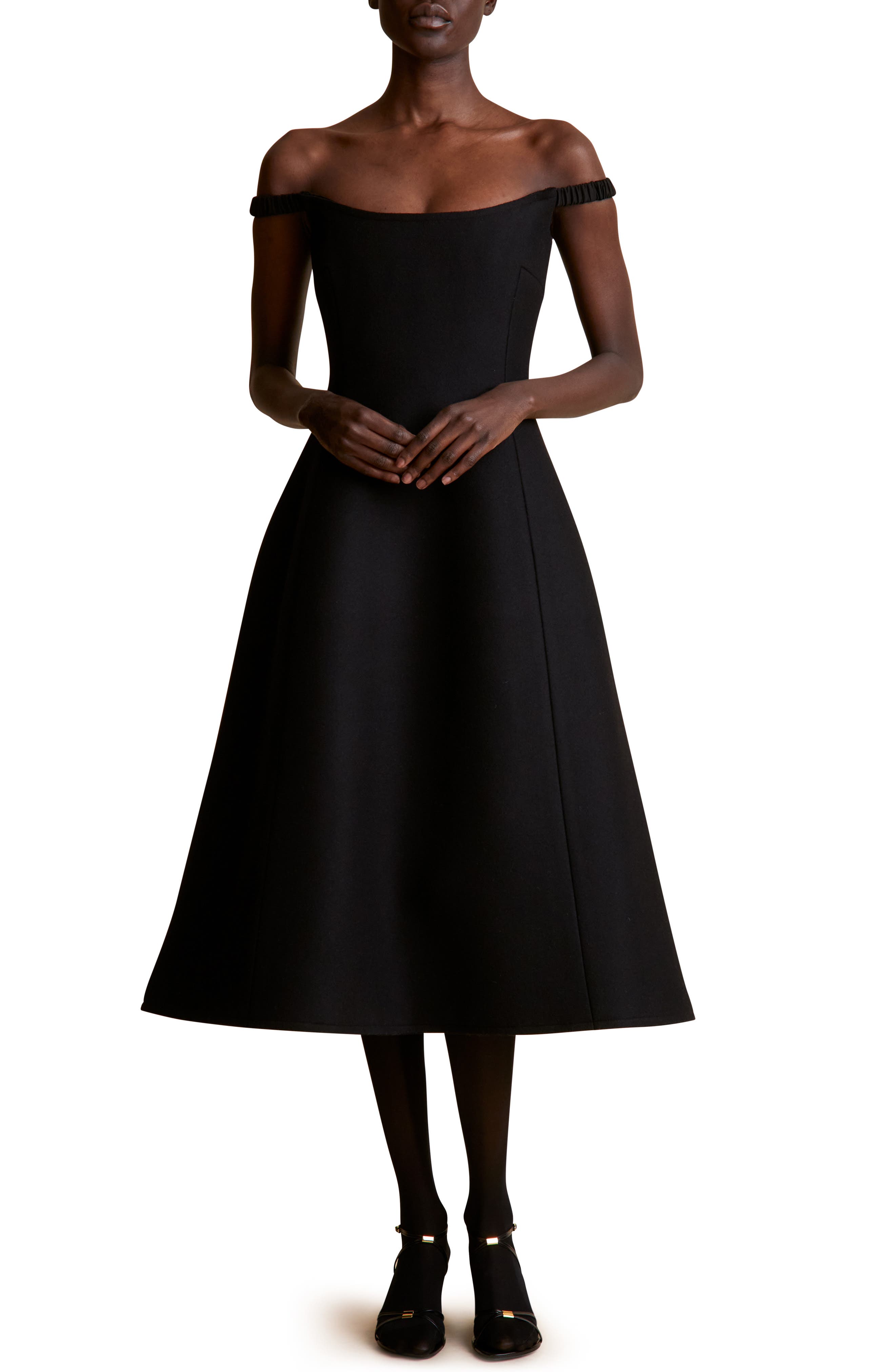Khaite Uma Off the Shoulder Wool Blend Fit & Flare Midi Dress ...