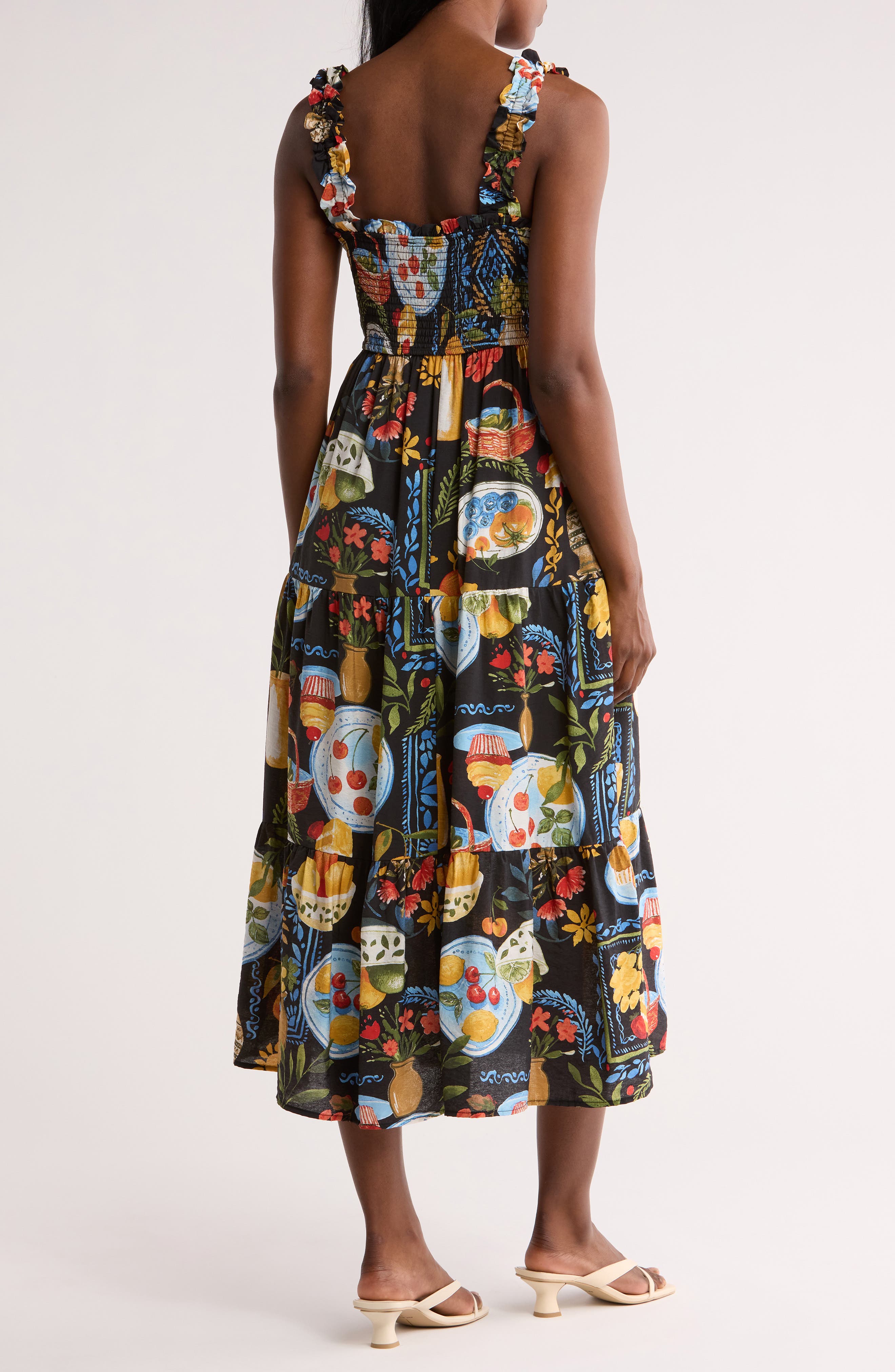 AUGUST SKY Mixed Print Smocked Tiered Midi Dress | Nordstromrack