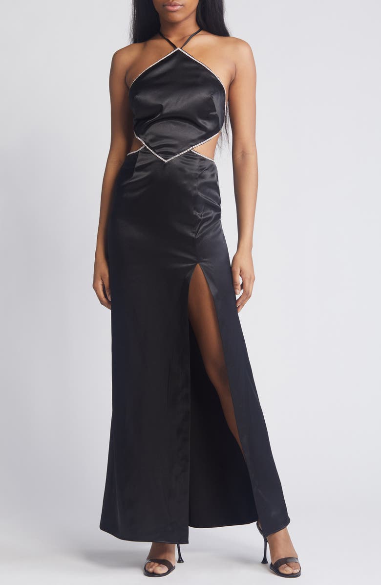 Morgan & Co. Embellished Trim Cutout Satin Halter Gown | Nordstromrack