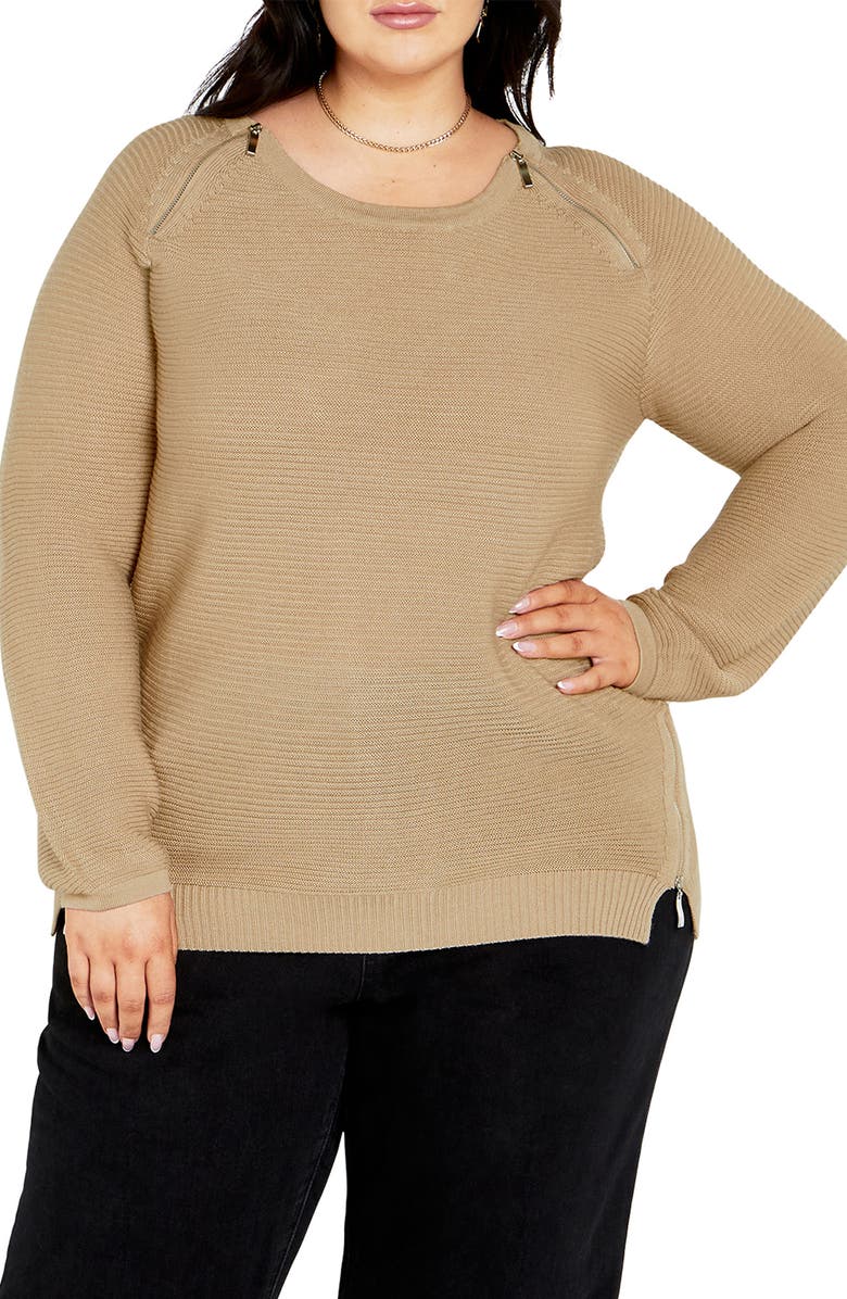 City Chic Zipper Accent High-Low Crewneck Sweater | Nordstromrack