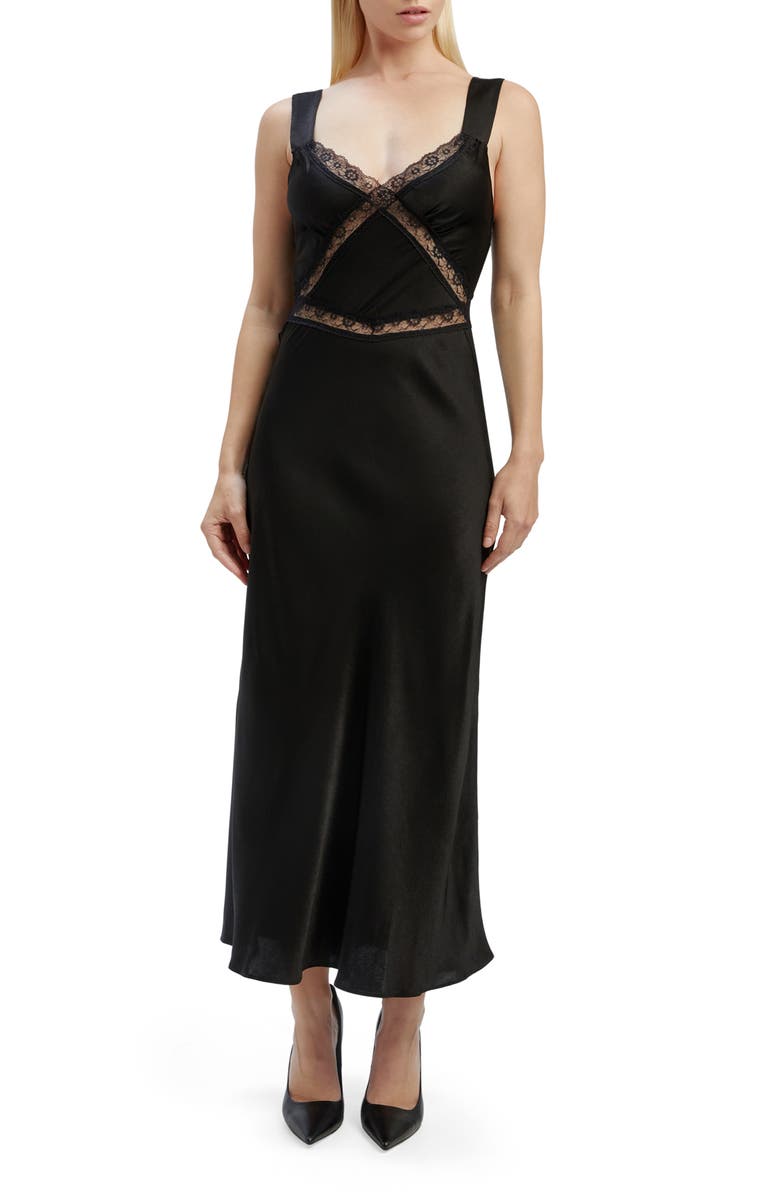 Bardot Emory Lace Trim Cutout Satin Midi Slipdress | Nordstromrack