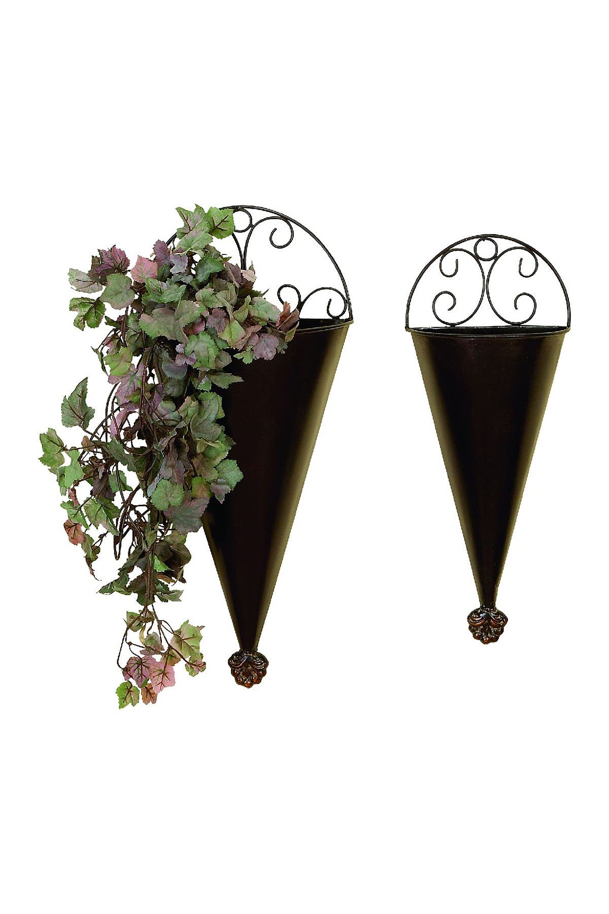 WILLOW ROW Black Metal Indoor Outdoor Cone Scroll Wall Planter - Set of ...