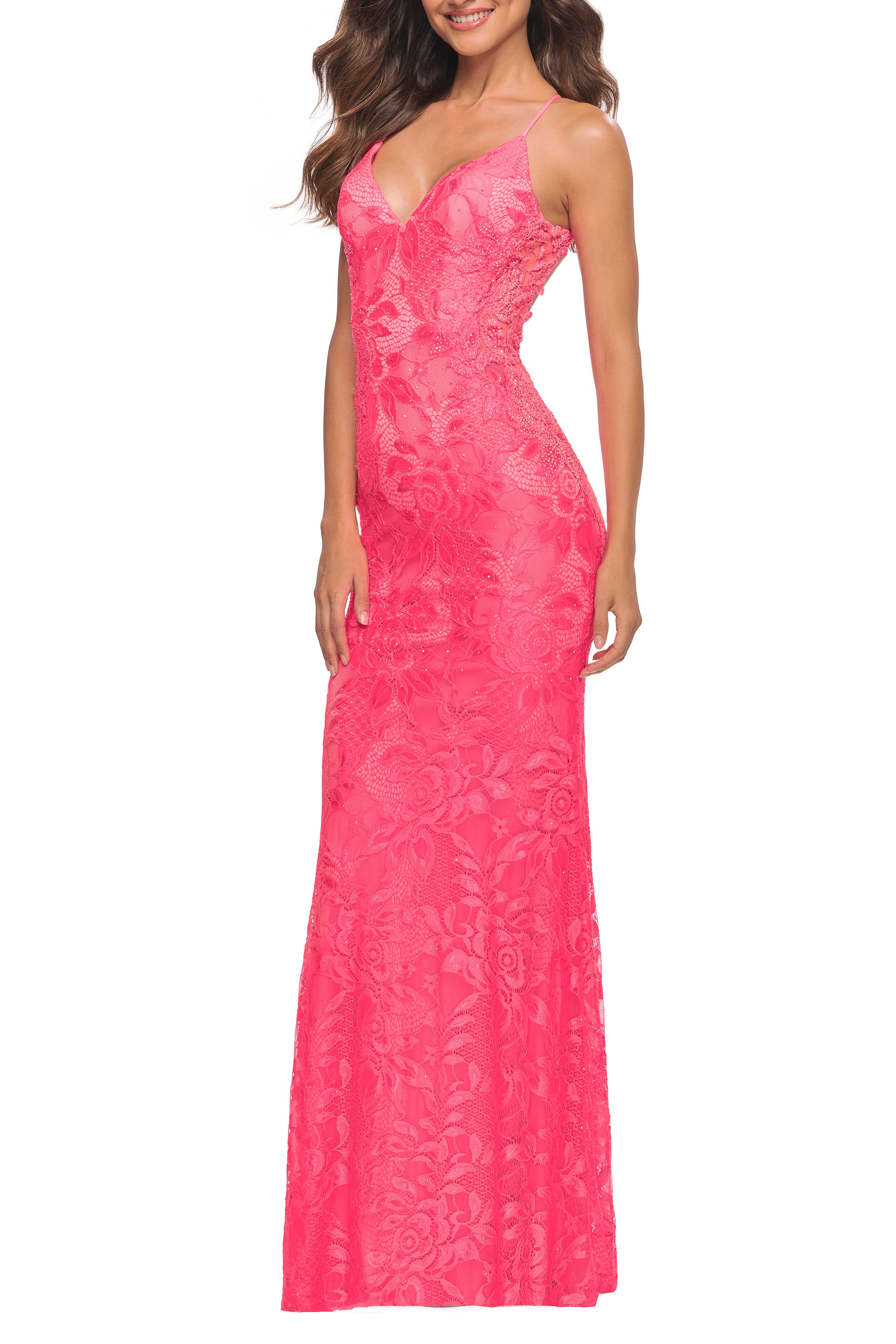 La Femme Lace Prom Dress with Illusion Embellished Sides in Neon Colors ...