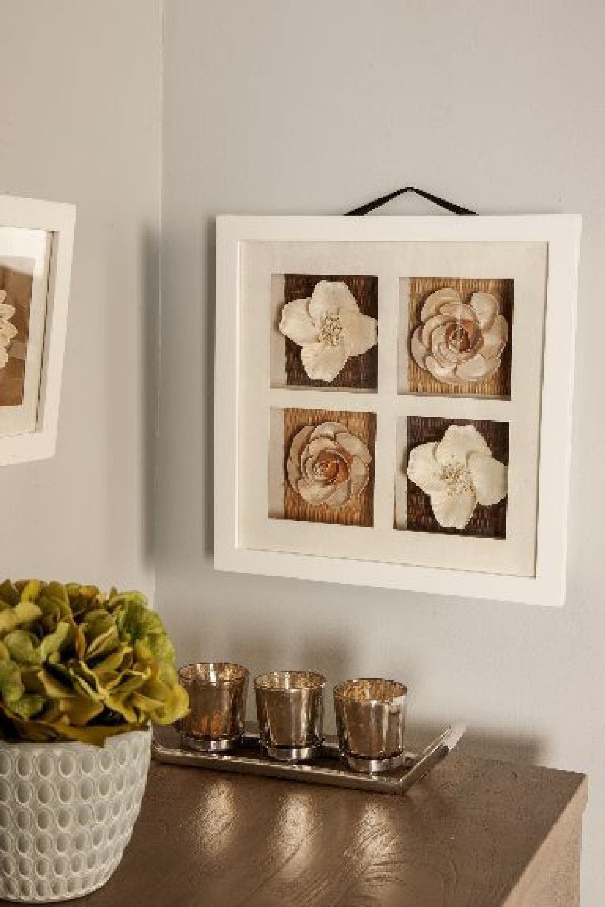 UMA Natural Wooden Framed White Primrose & Brown Rose Flowers Wall ...