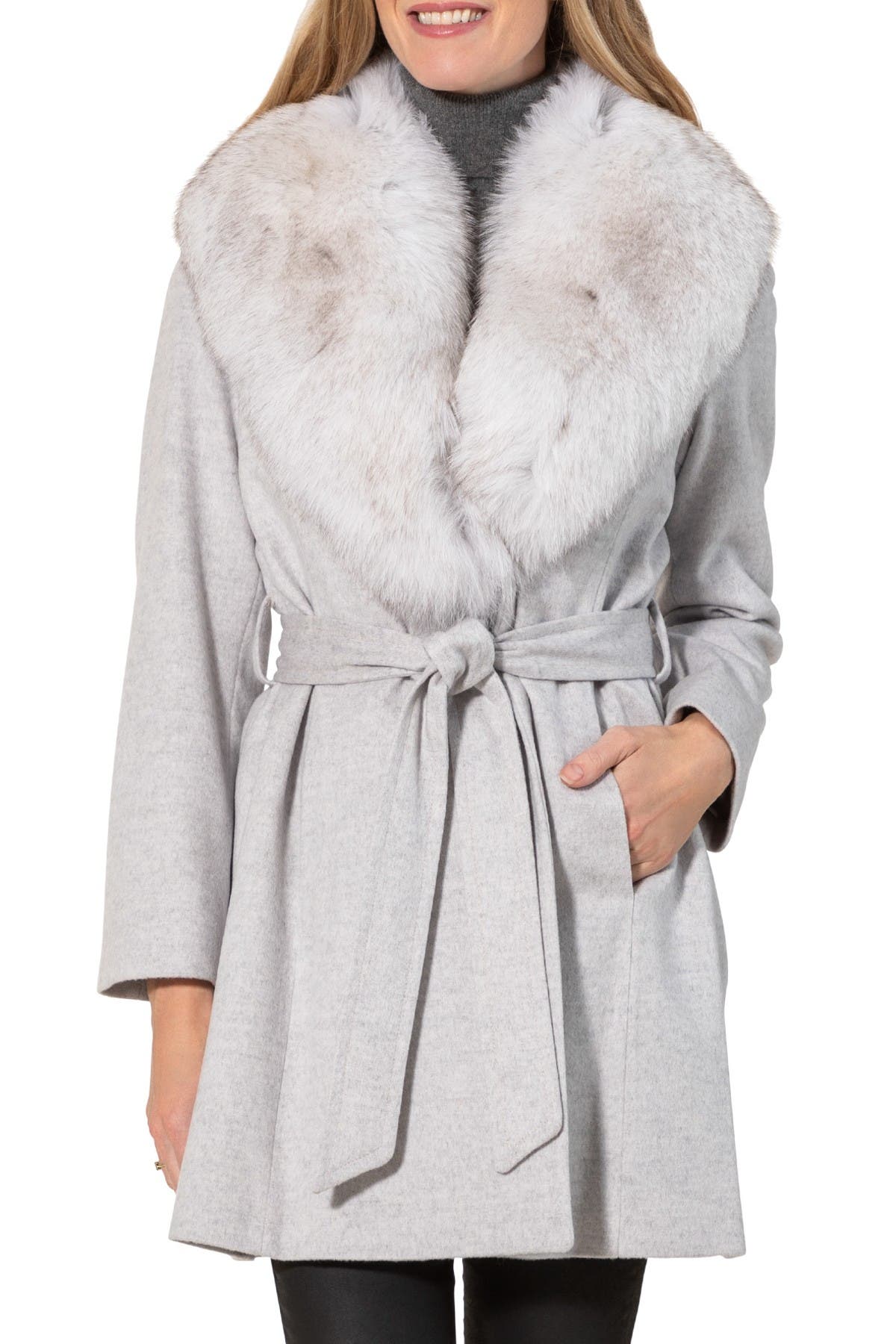 Sofia Cashmere Short Genuine Fox Fur Trim Shawl Wrap Coat | Nordstromrack