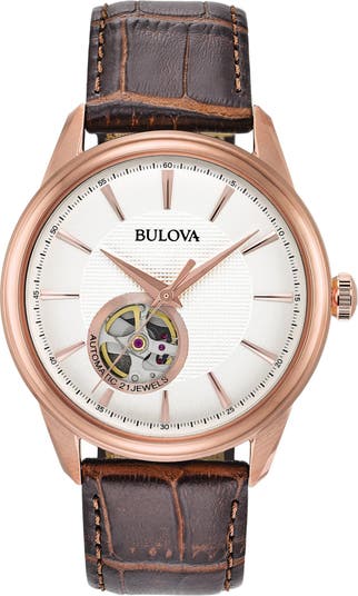 BULOVA 21-Jewels Automatic Leather Strap Watch, 41mm | Nordstromrack
