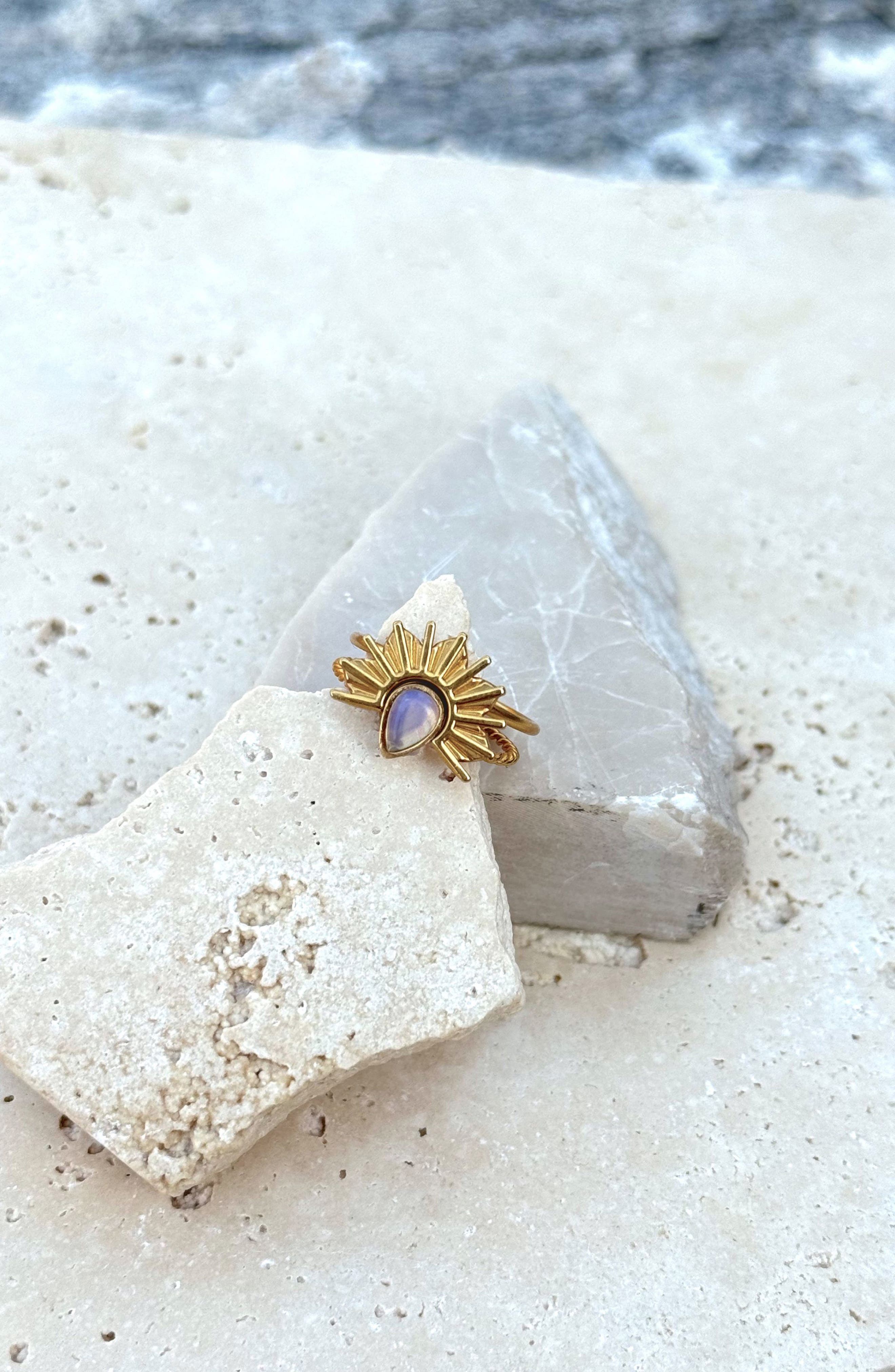 Adornia Set of 2 18K Gold Plated Synthetic Opal & Sunrise Rings ...