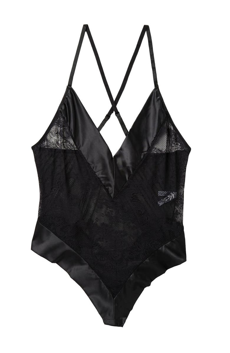 Oh La La Cheri Lace Satin Trim Plunge Neck Teddy | Nordstromrack