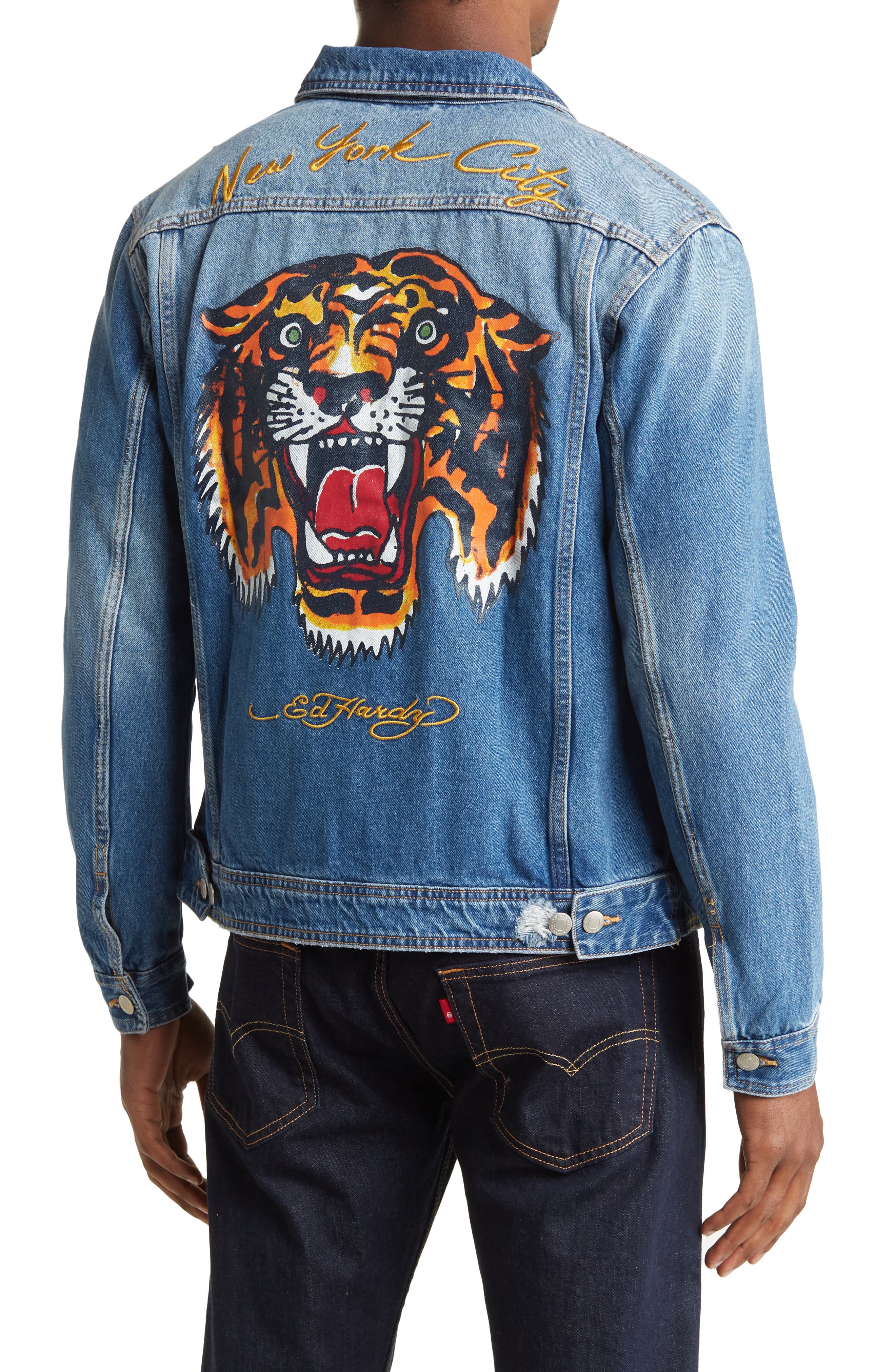 Ed Hardy Embroidered Tiger NYC Trucker Denim Jacket | Nordstromrack