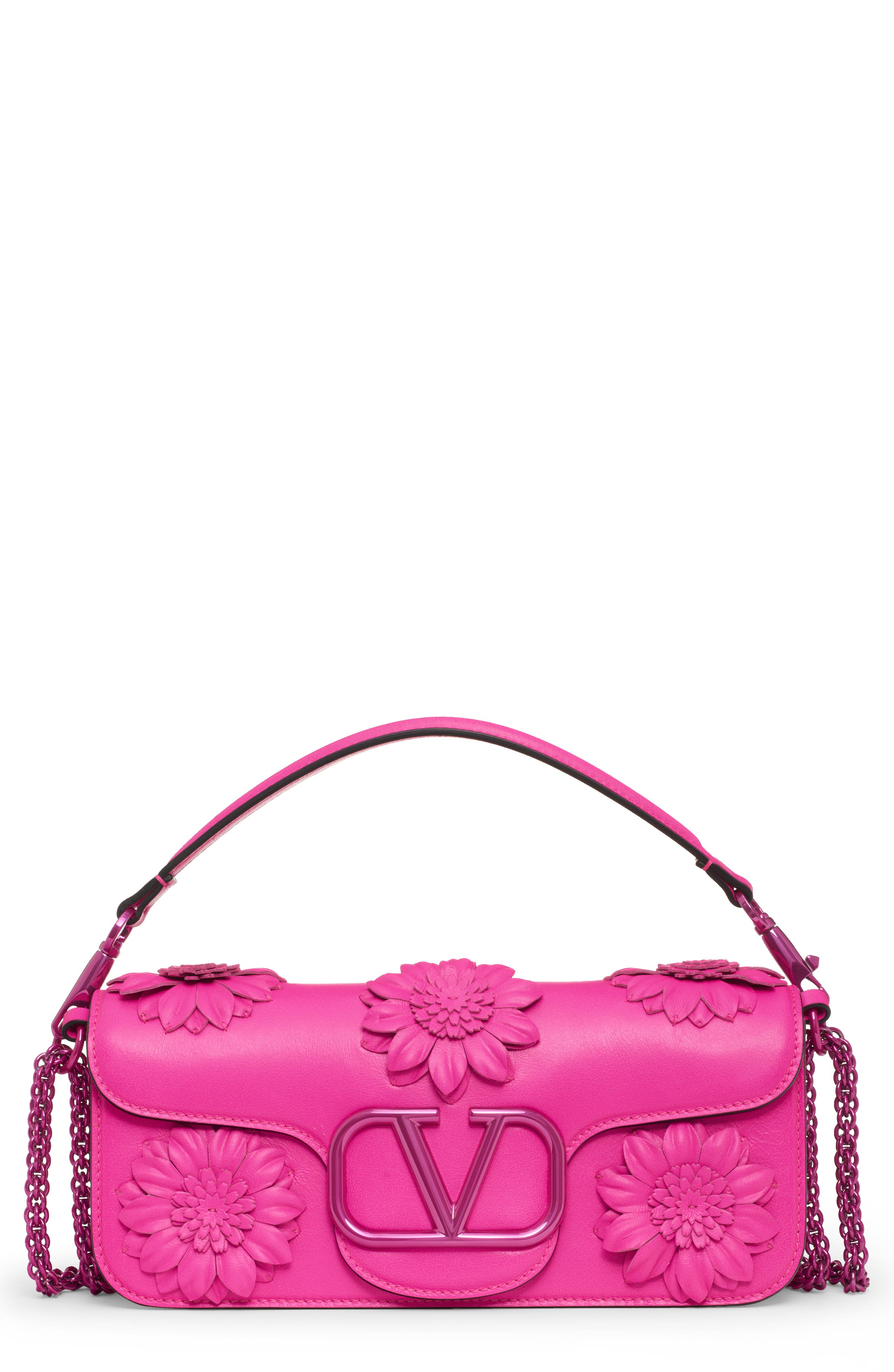 Valentino Garavani Locò Pink PP Floral Appliqué Leather Shoulder Bag ...