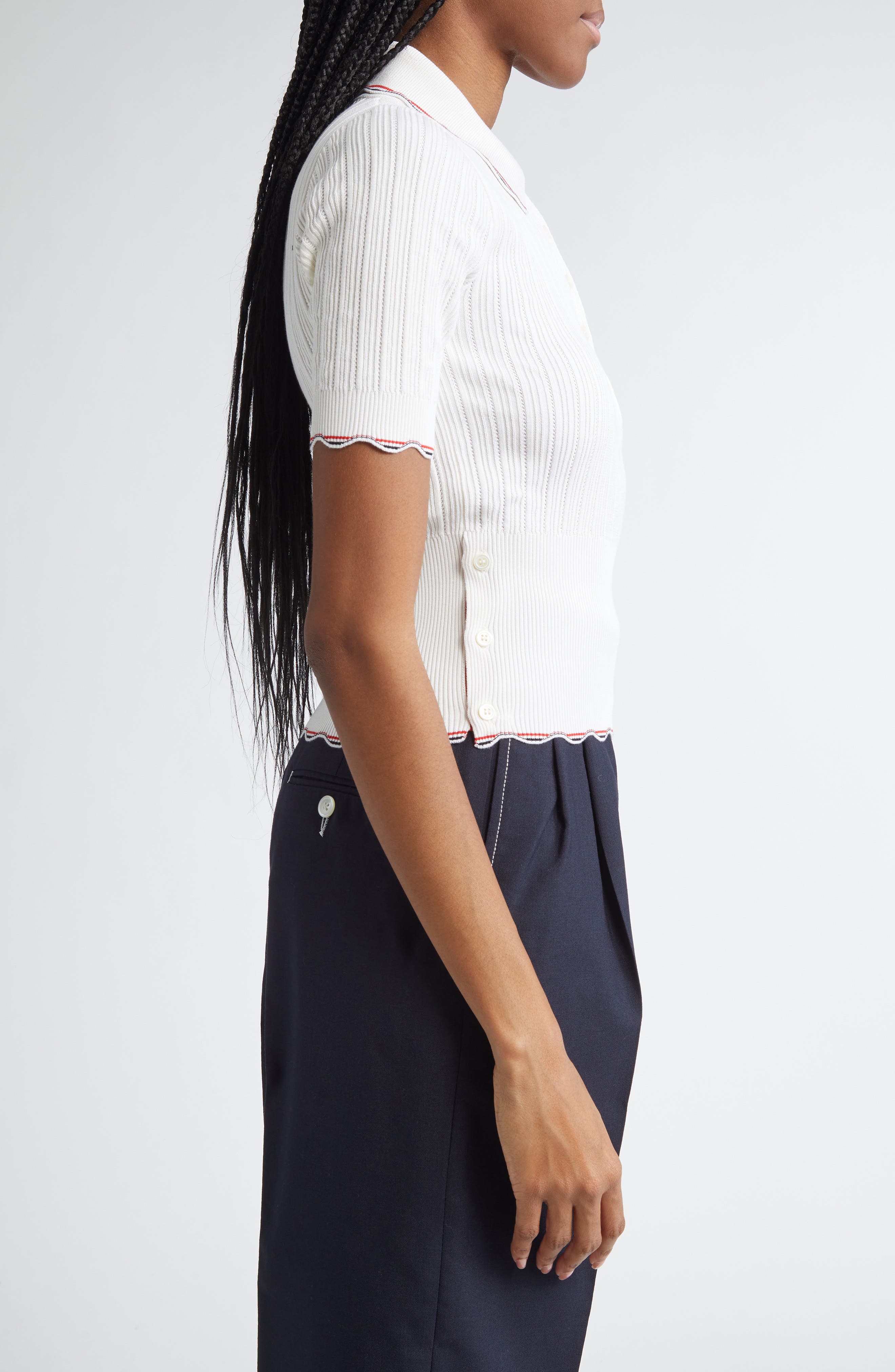 Thom Browne Tuck Scallop Trim Silk & Cotton Pointelle Stitch Polo ...