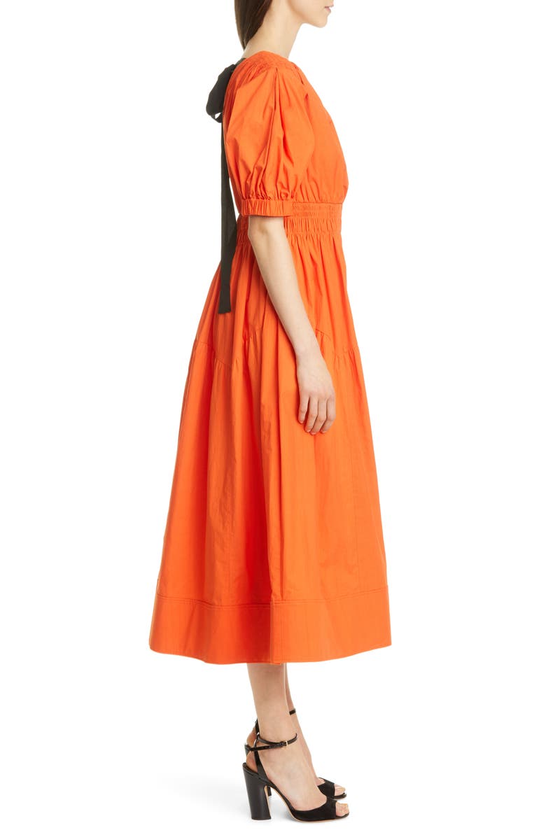 Self-Portrait Puff Sleeve Tie Back Cotton Midi Dress | Nordstrom