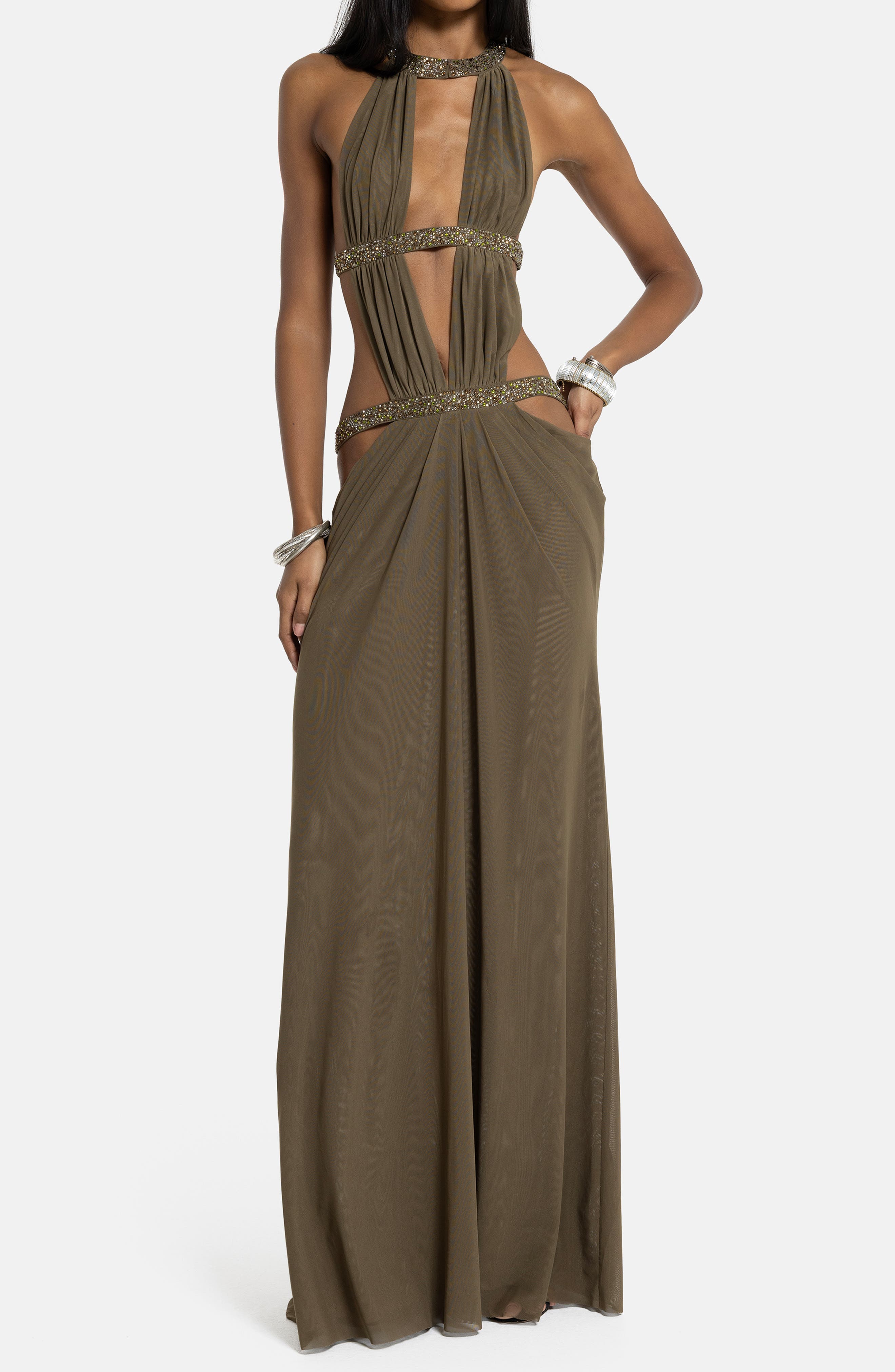 JADED LONDON Bead Detail Plunge Neck Open Back Maxi Dress | Nordstrom