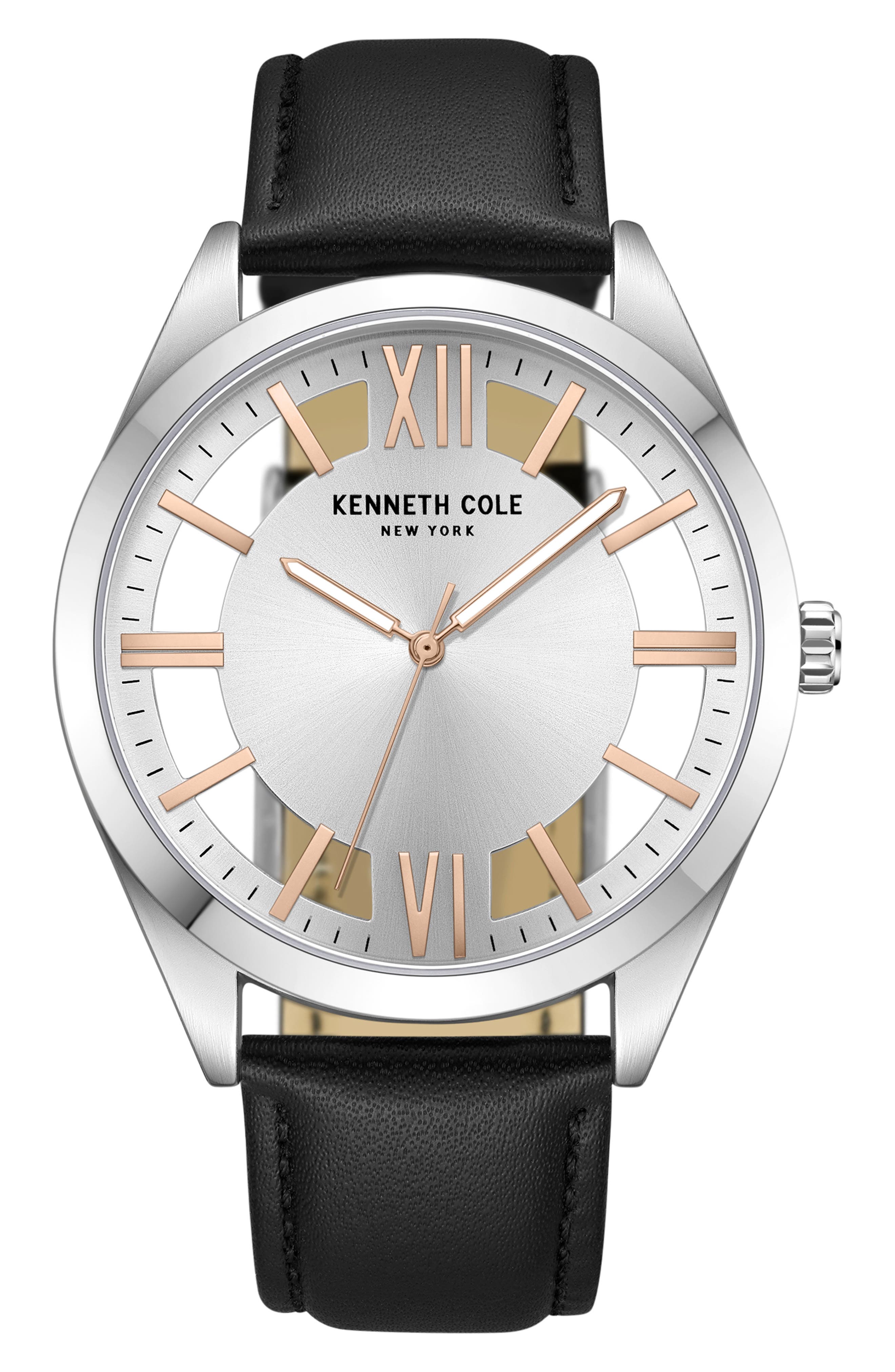 Kenneth Cole Transparency Leather Strap Watch, 44mm | Nordstromrack