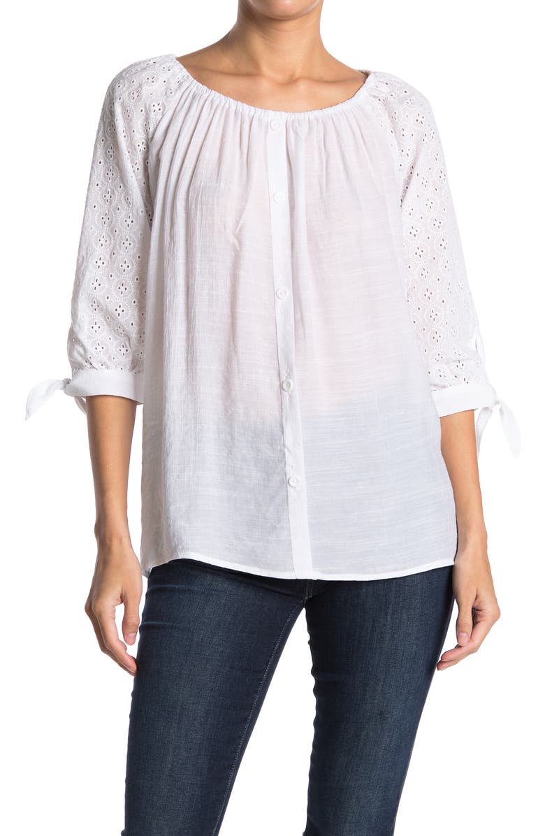 BY DESIGN Mireille Eyelet Sleeve Blouse | Nordstromrack