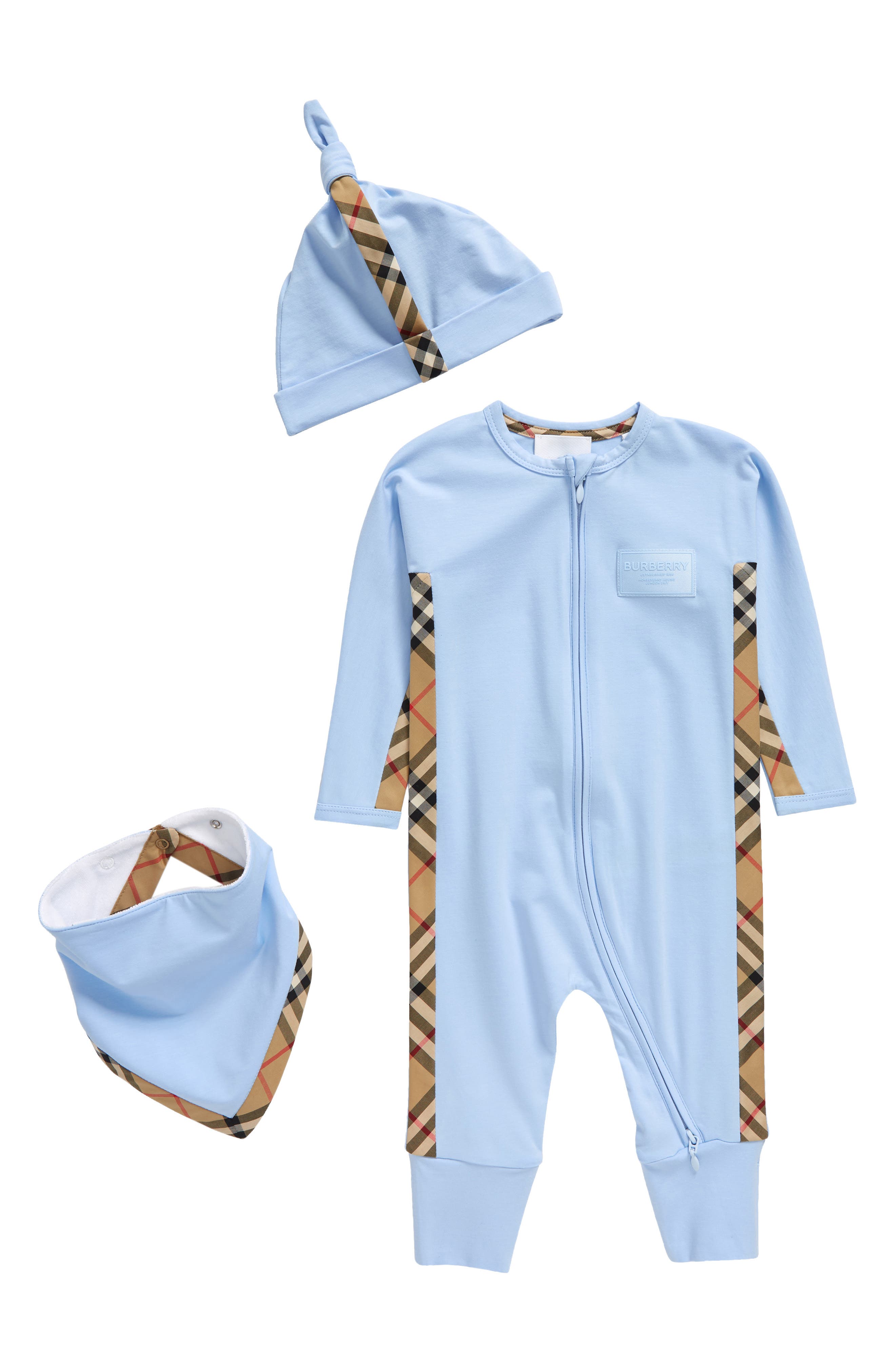 Burberry Claude Check Panel Stretch Cotton Romper, Hat & Bib Set ...
