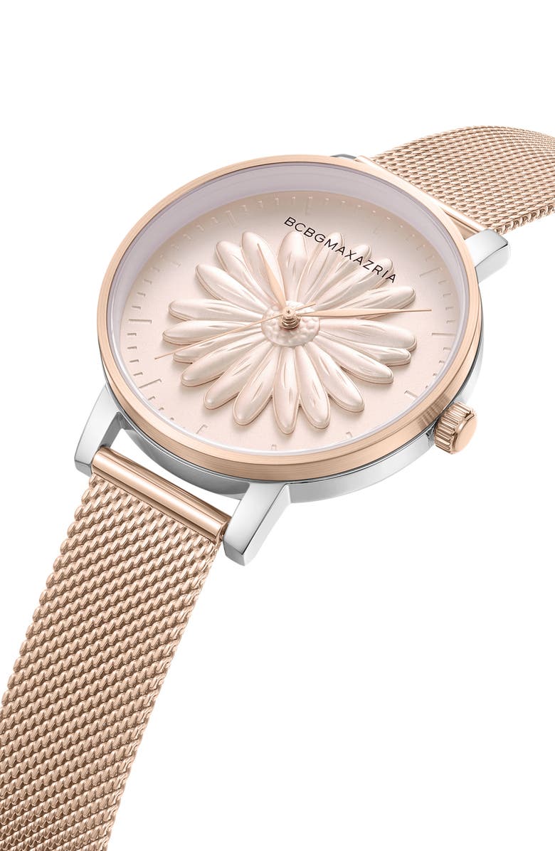 BCBG Max Azria 3D Flower Quartz Mesh Strap Watch, 38mm | Nordstromrack