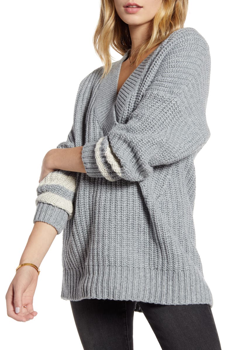 Treasure & Bond Stripe Sleeve Oversize V-Neck Sweater | Nordstrom