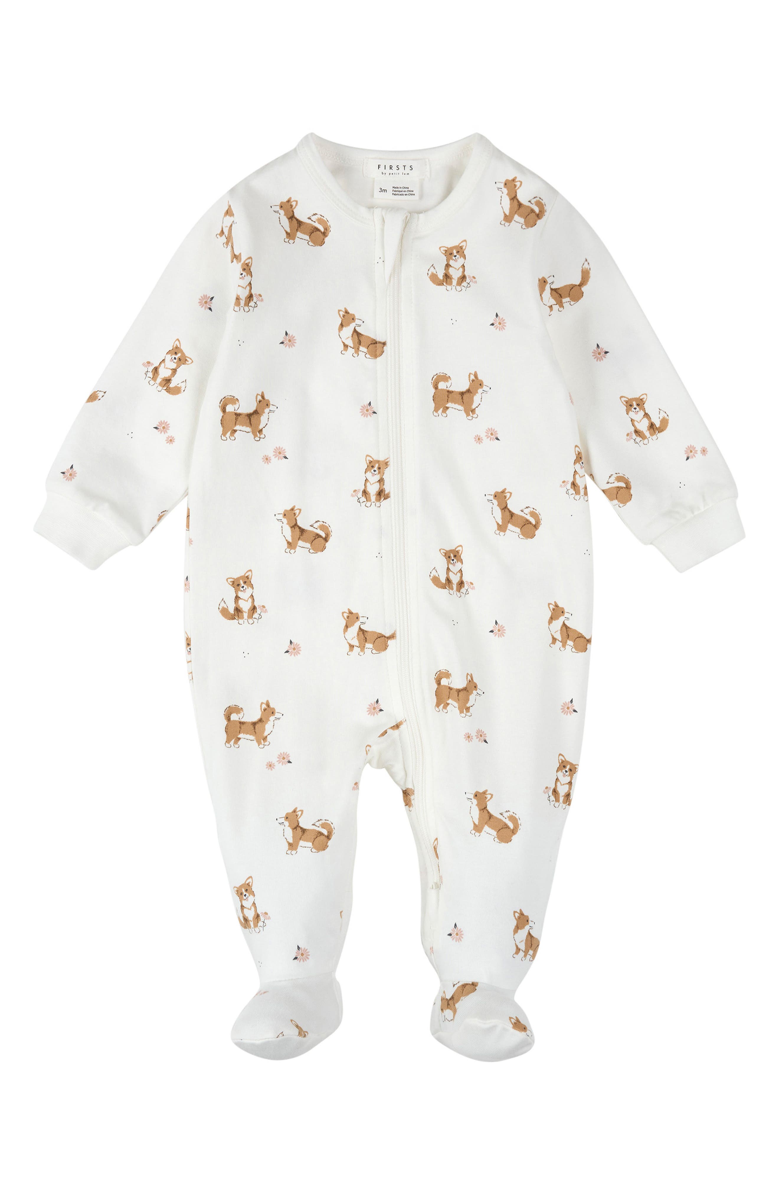 FIRSTS by Petit Lem Corgi Print Footed Stretch Cotton One-Piece Pajamas ...