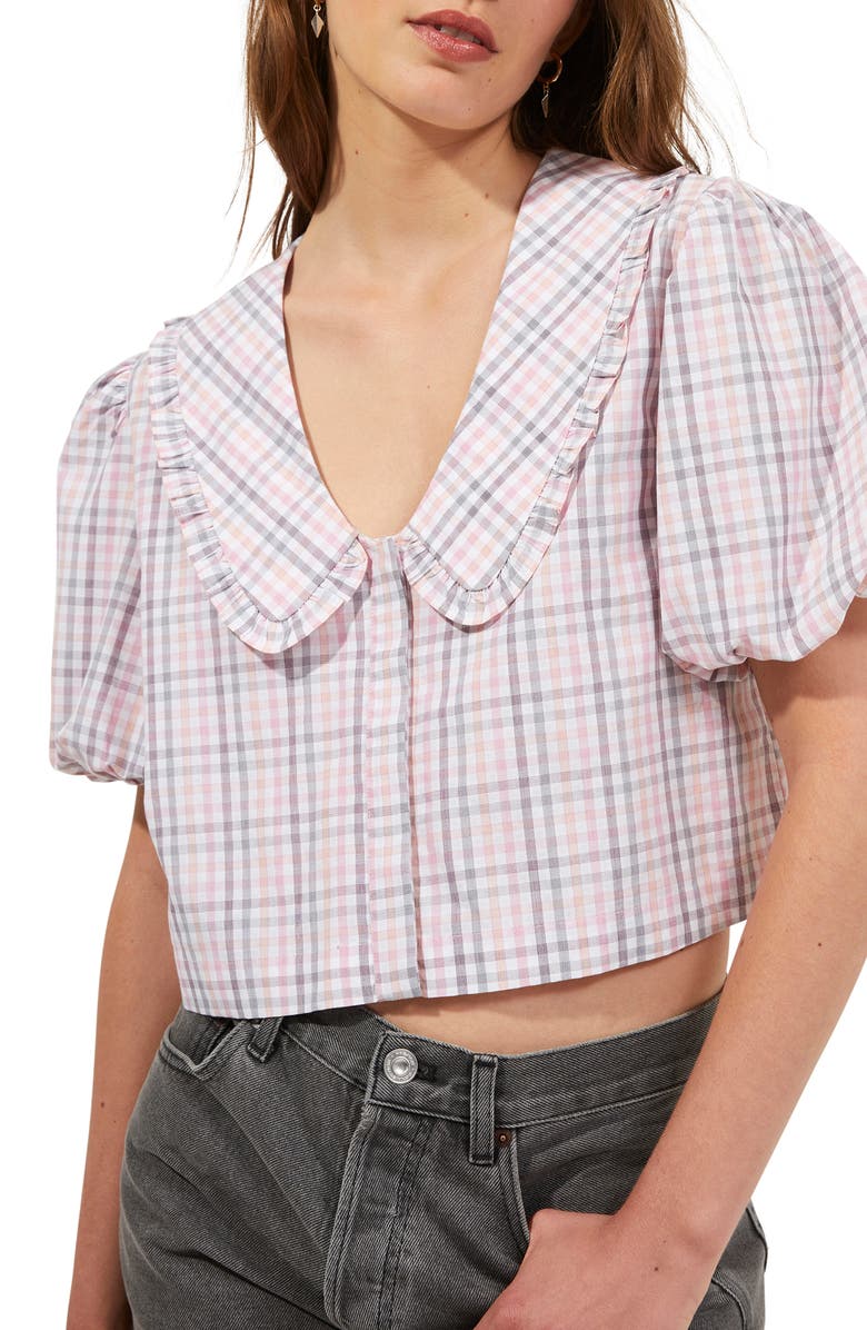 French Connection Yaki Check Crop Organic Cotton Blouse | Nordstromrack