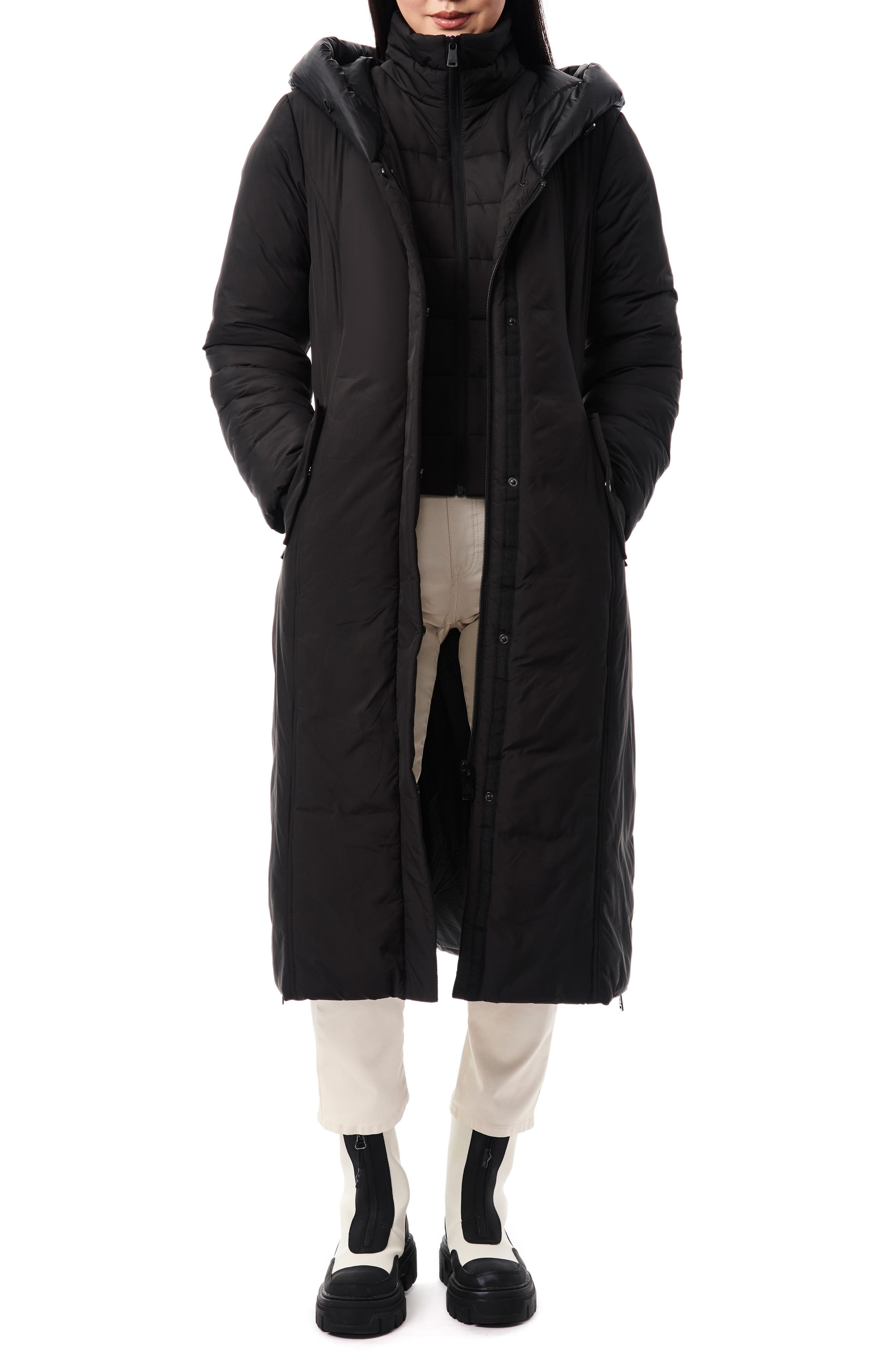 Bernardo Shiny Hood Recycled Nylon Puffer Coat With Bib Women