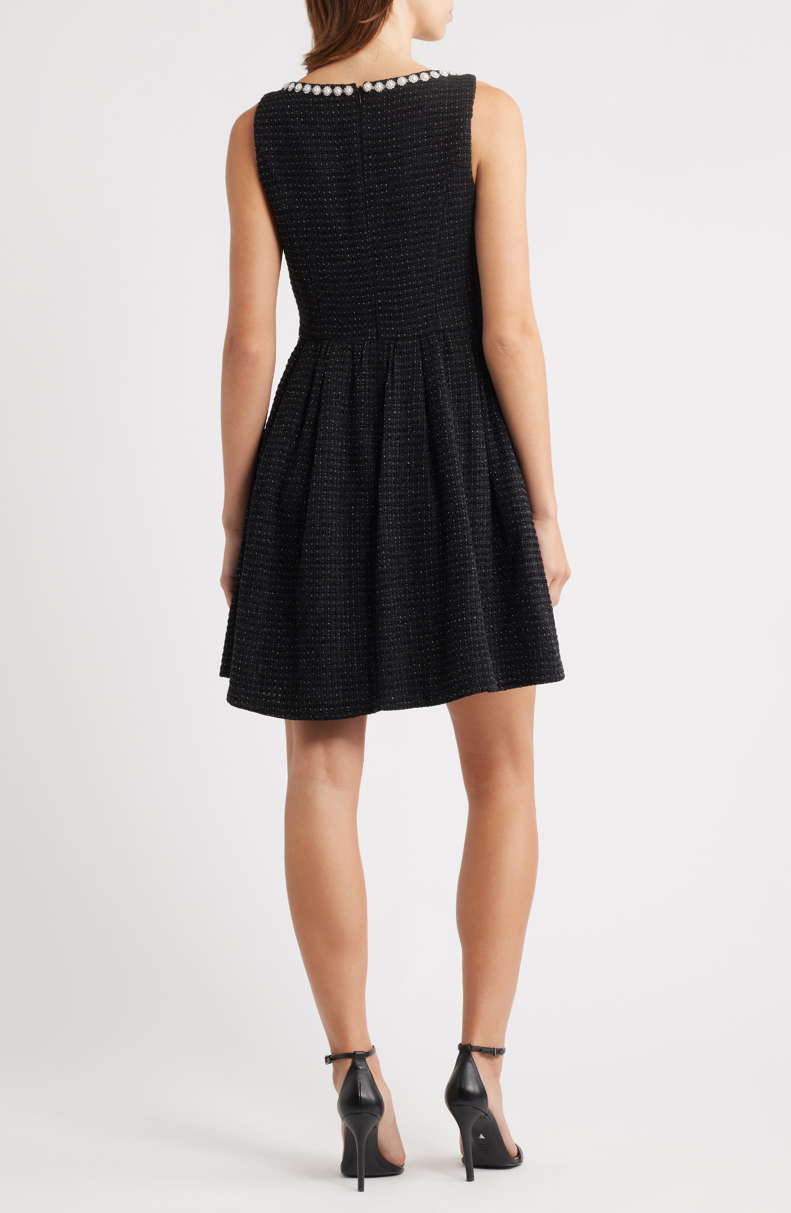 Eliza J Faux Pearl & Crystal Detail Sleeveless Metallic Tweed Dress ...
