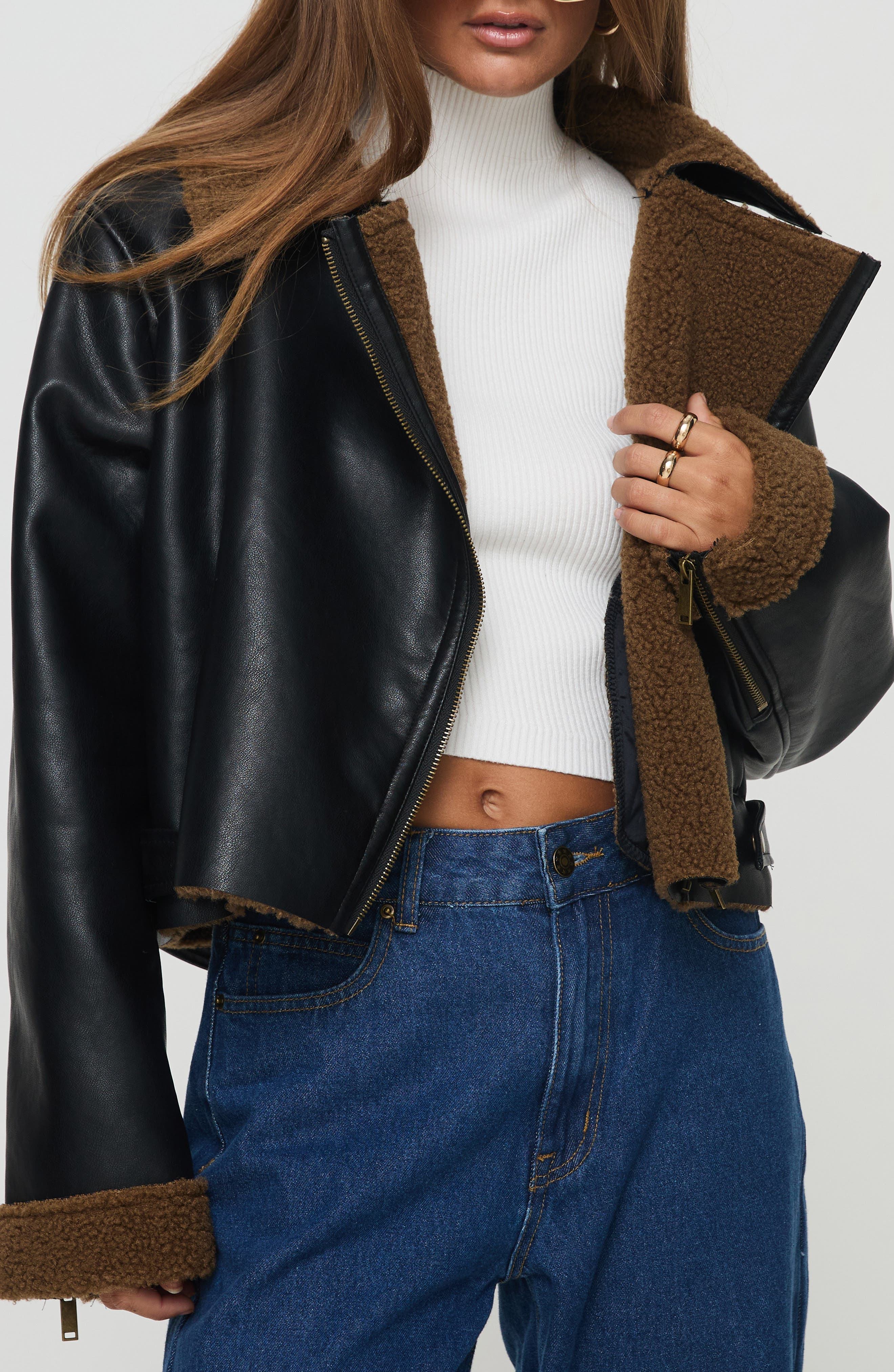 Princess Polly Faux Leather Crop Jacket with Faux Shearling Trim ...