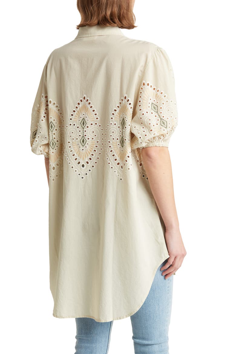 Puff Sleeve Embroidered Eyelet Button-Up Tunic Shirt (Women ...