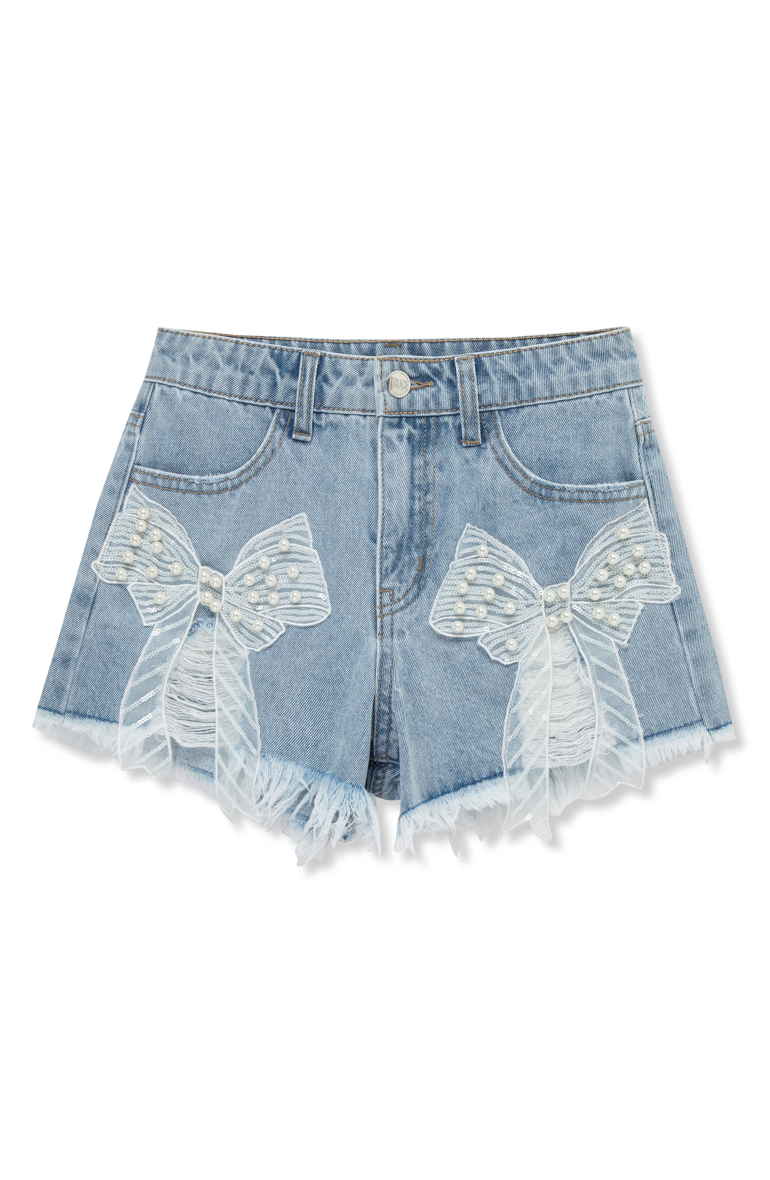 Truce Kids' Imitation Pearl Organza Bow Denim Shorts | Nordstromrack
