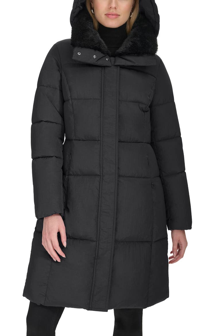 Channel Quilted Shimmer Nylon Puffer Coat With Removable Hood Women Channel Quilted Shimmer Nylon Puffer Coat With Removable Hood Women