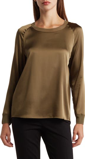 Vince Ribbed Trim Long Sleeve Satin Top | Nordstromrack