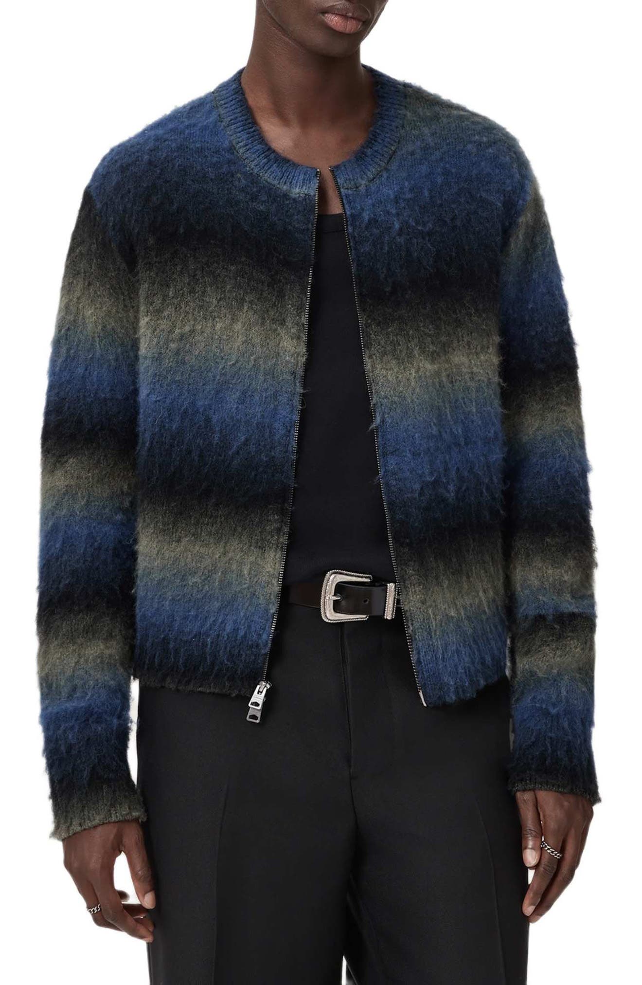 AllSaints Halley Ombré Stripe Crewneck Wool Blend Zip Cardigan ...