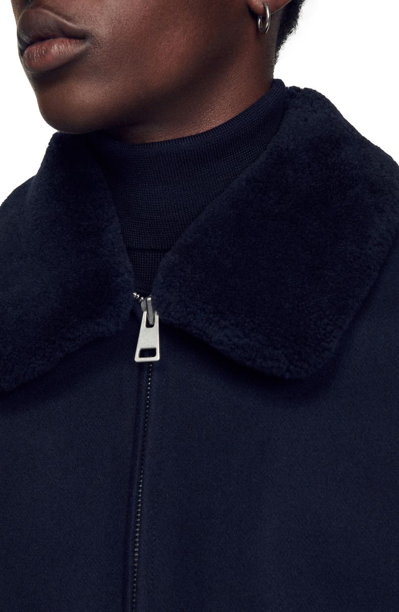 SANDRO Aviator Genuine Shearling Collar Wool Blend Bomber Jacket ...