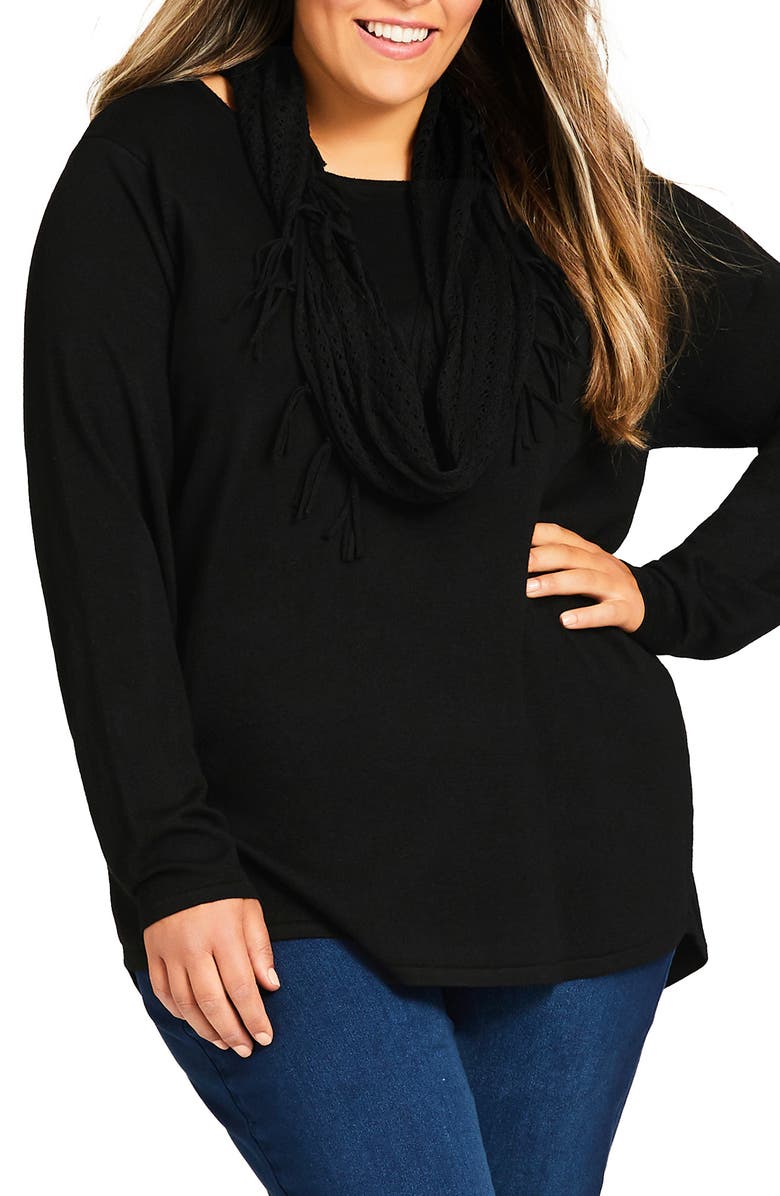AVENUE Crew Neck Long Sleeve Fringe Scarf Top | Nordstromrack