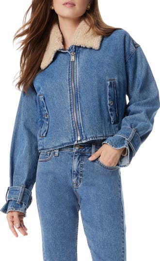 Sam Edelman Mesa High-Pile Fleece Collar Zip-Up Crop Denim Moto Jacket ...