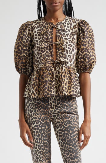 Ganni Leopard Print Tie Front Organic Cotton Top | Nordstrom