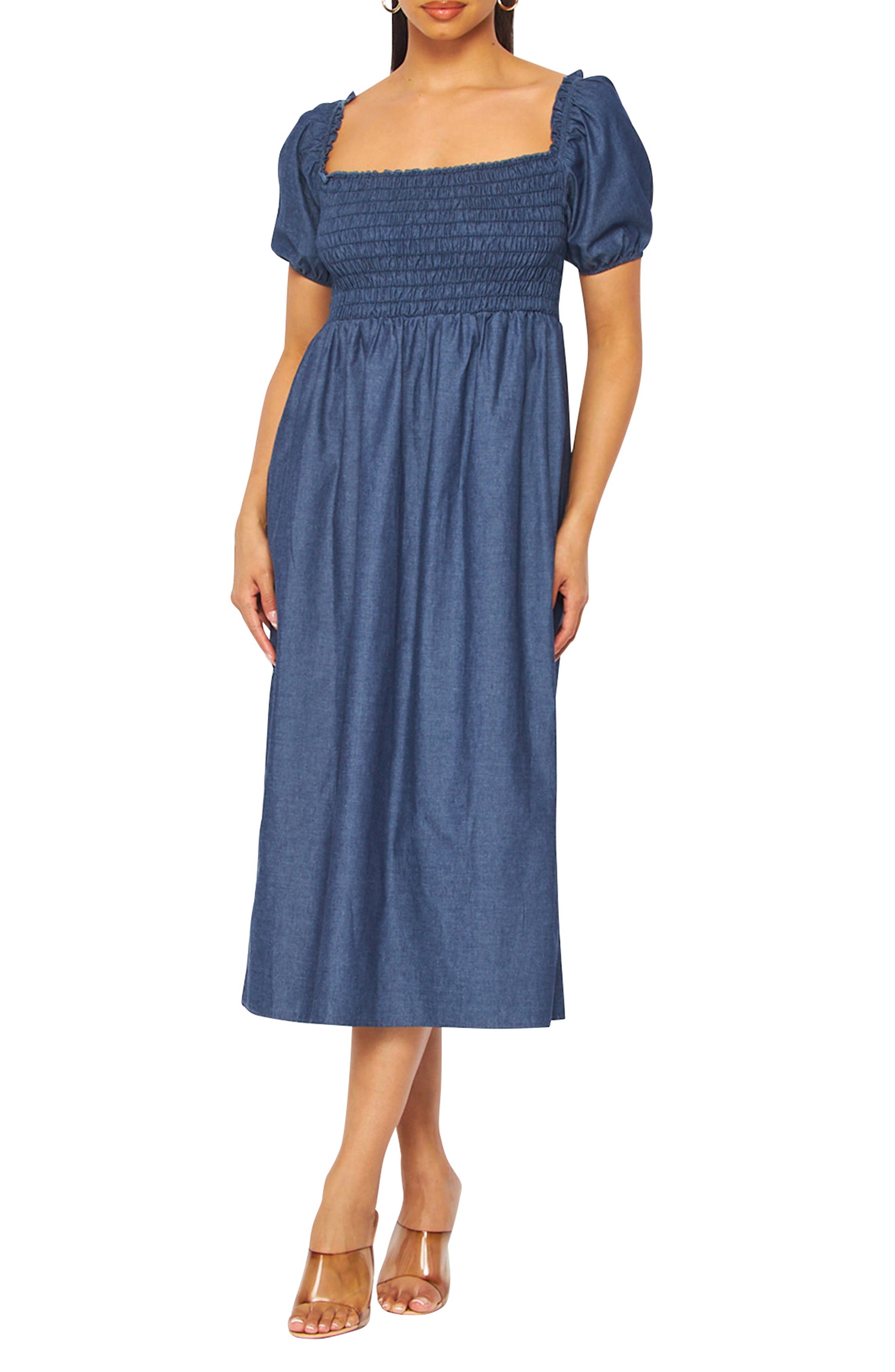 Velvet Torch Puff Sleeve Smocked Midi Dress | Nordstromrack