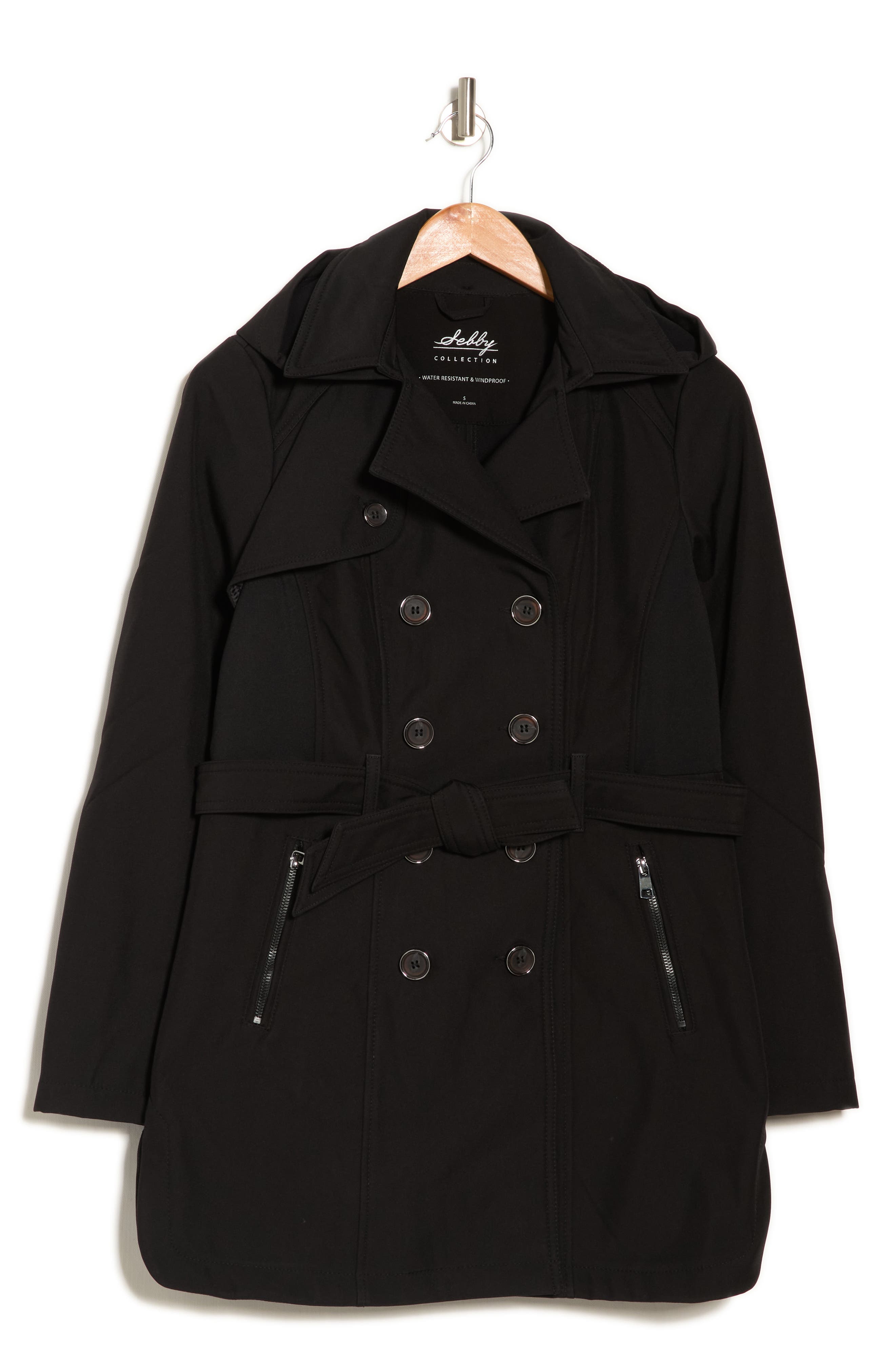 Sebby Water-Resistant Hooded Double-Breasted Trench Coat | Nordstromrack
