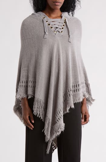 Nanette Lepore Lace-Up Open Stitch Hooded Poncho | Nordstromrack