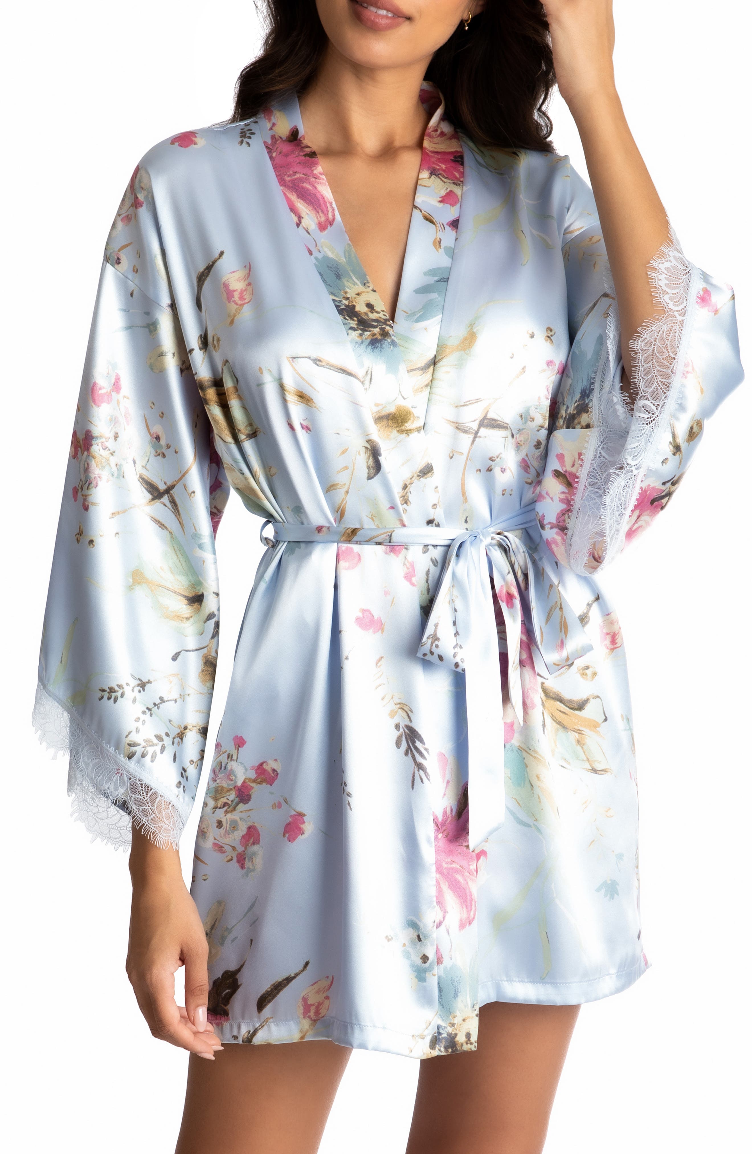 In Bloom by Jonquil Floral Lace Trim Satin Wrap Robe | Nordstromrack